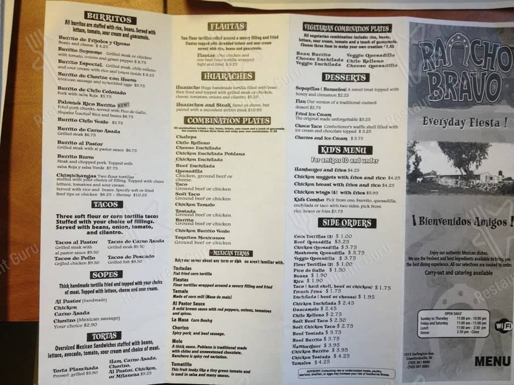 Menu at Mi Rancho Bravo Mexican Restaurant, Crawfordsville