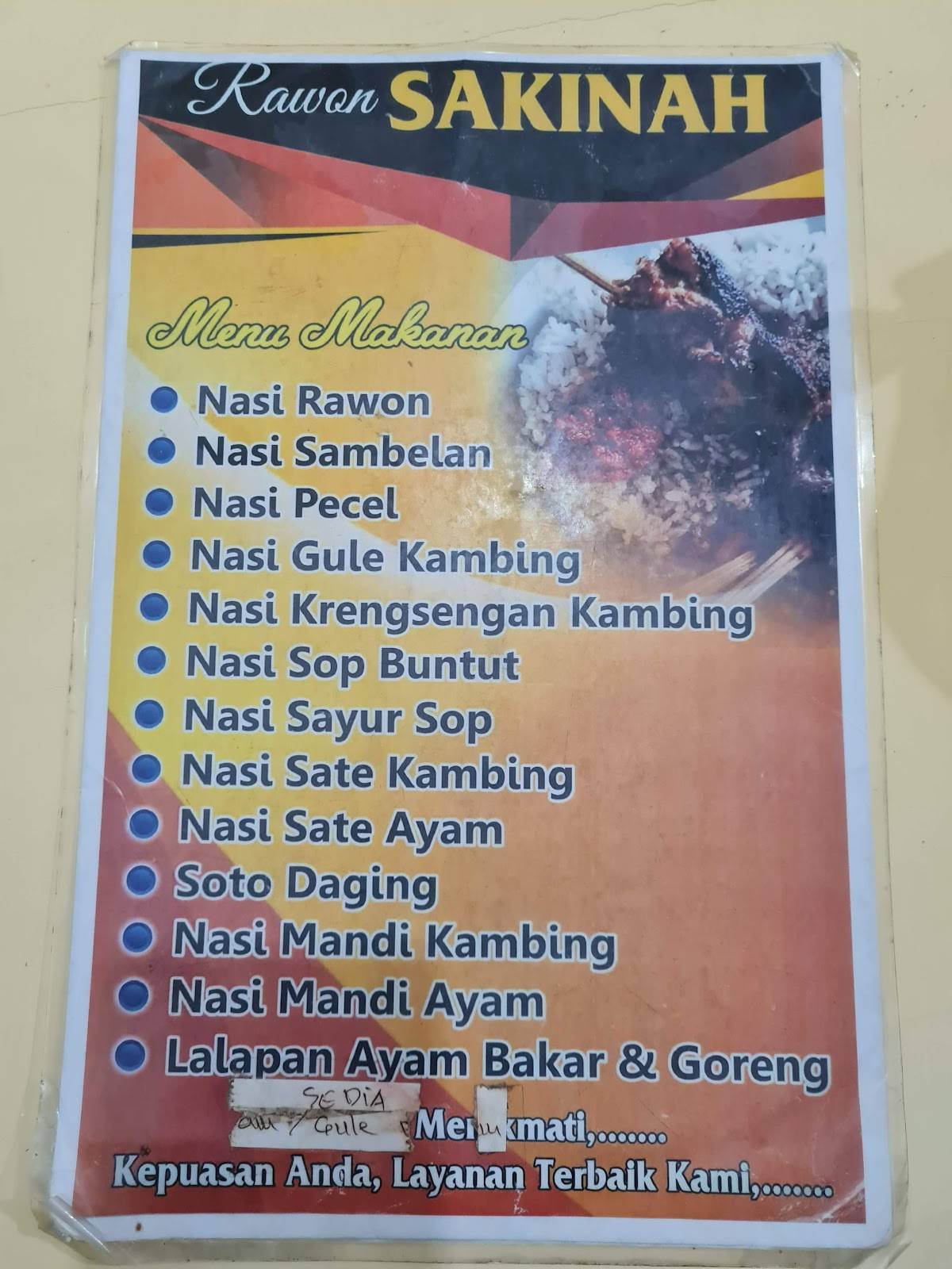 Menu at Rawon Sakinah restaurant, Pasuruan, 9W55+FJ2