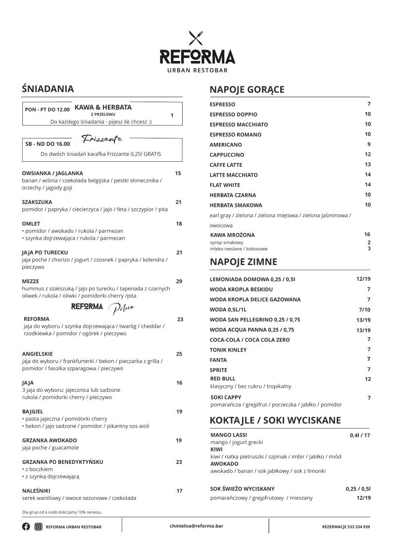 Menu at Reforma Urban restaurant, Warsaw
