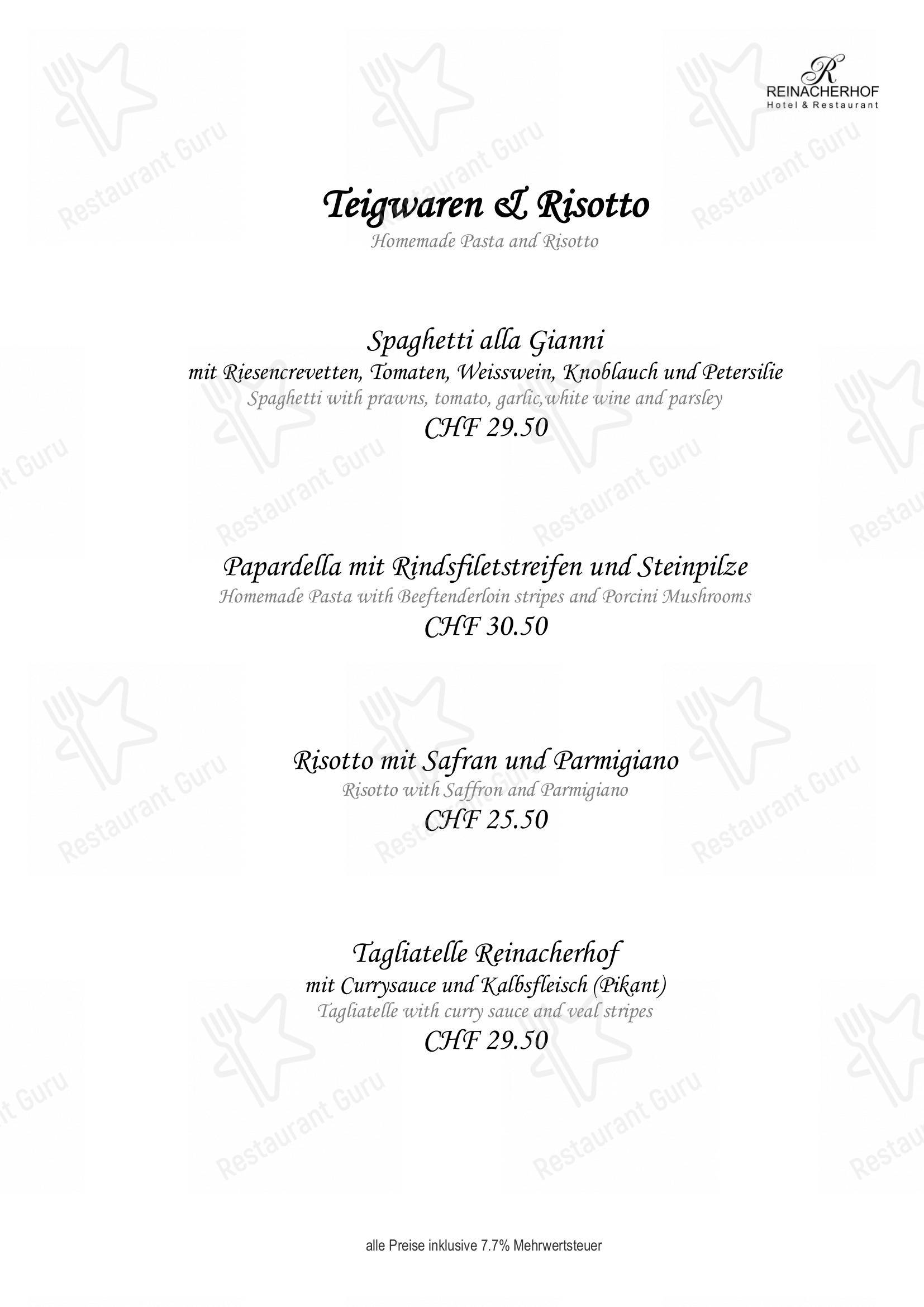 Speisekarte von Restaurant Reinacherhof, Reinach
