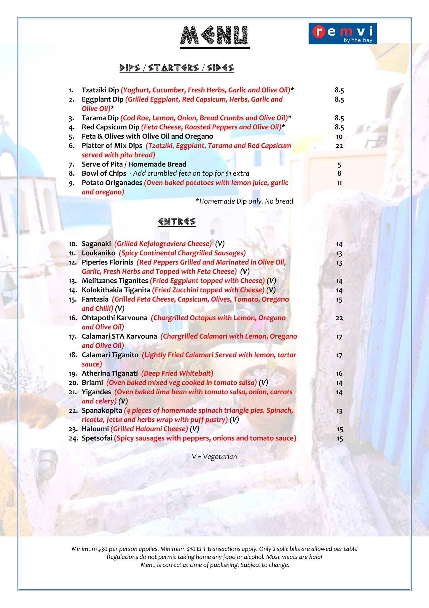 Menu at Remvi By The Bay restaurant, Williamstown