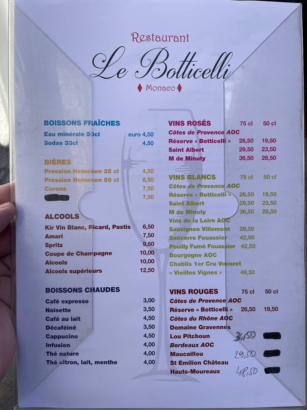 Menu au Restaurant Le Botticelli, Monaco