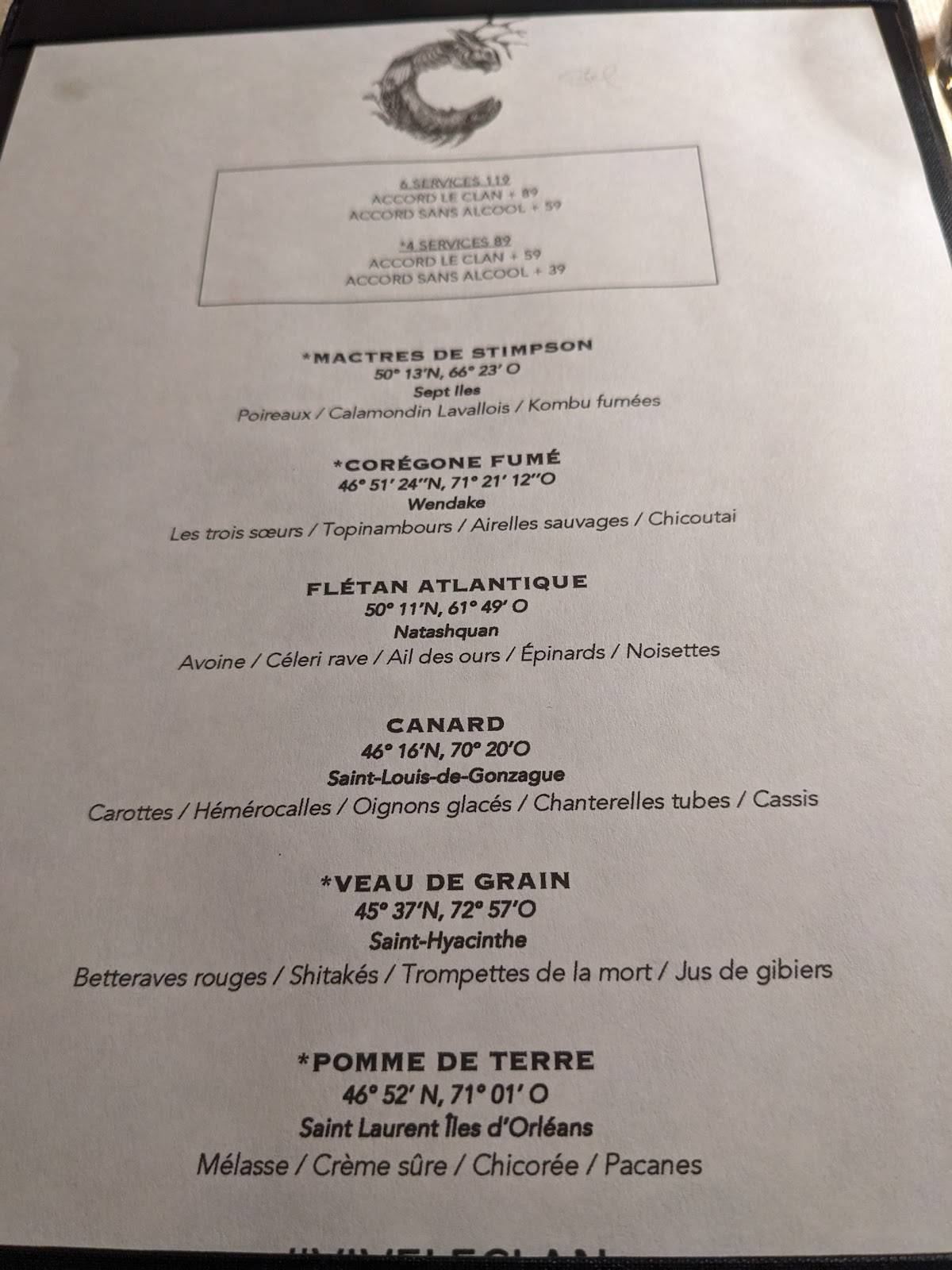 Menu au Restaurant Le Clan, Québec