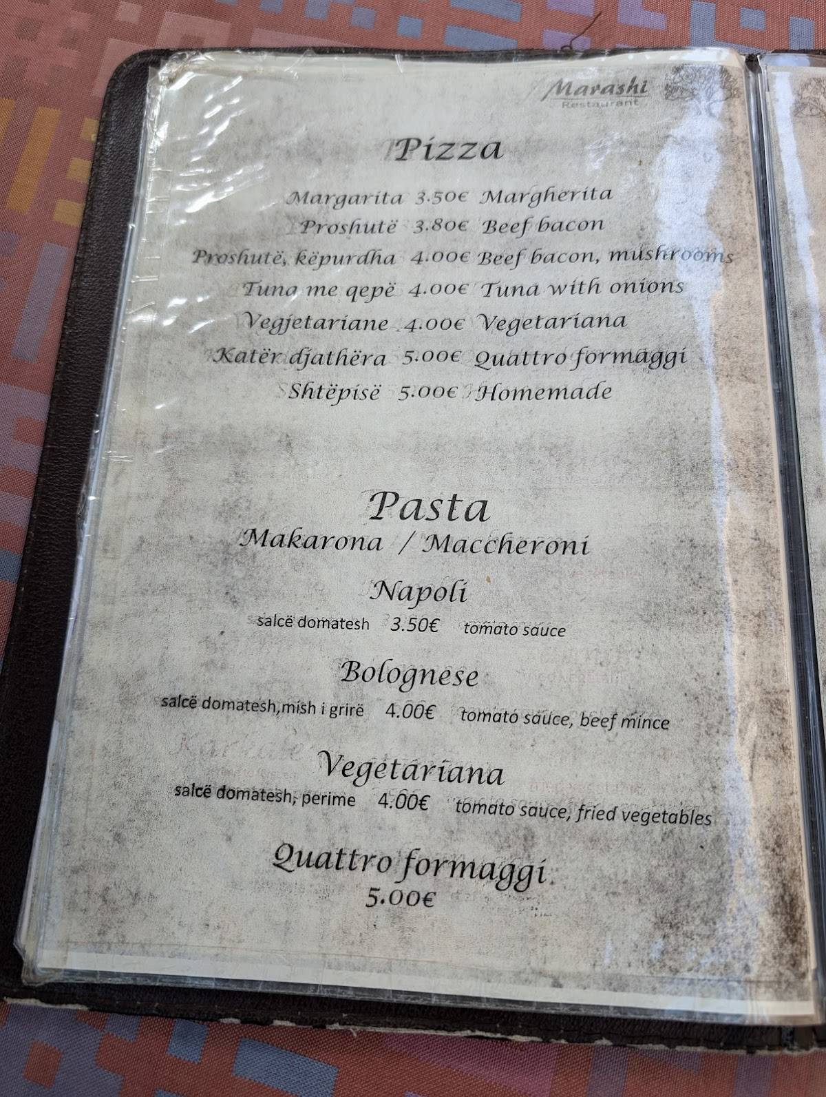 Menu at Restaurant Marashi, Prizren