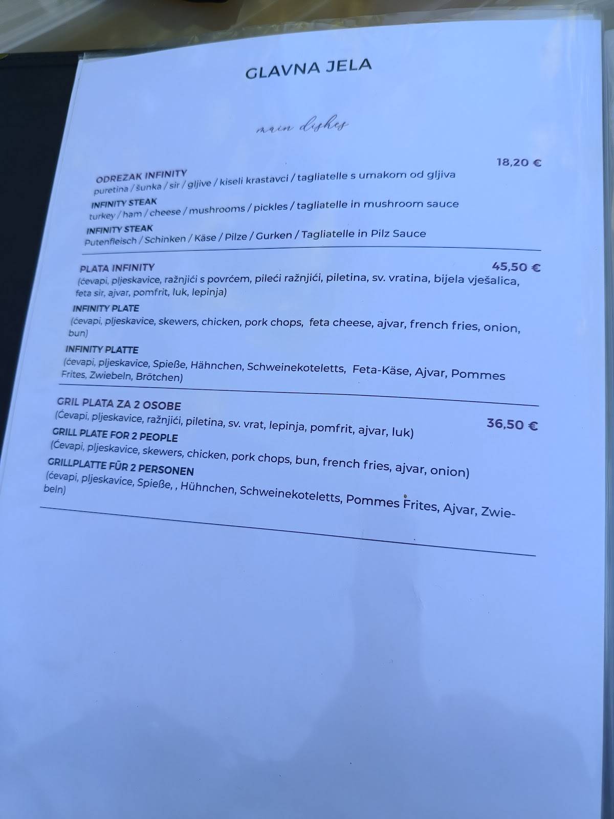 Menu at Restoran Infinity restaurant, Ražanac