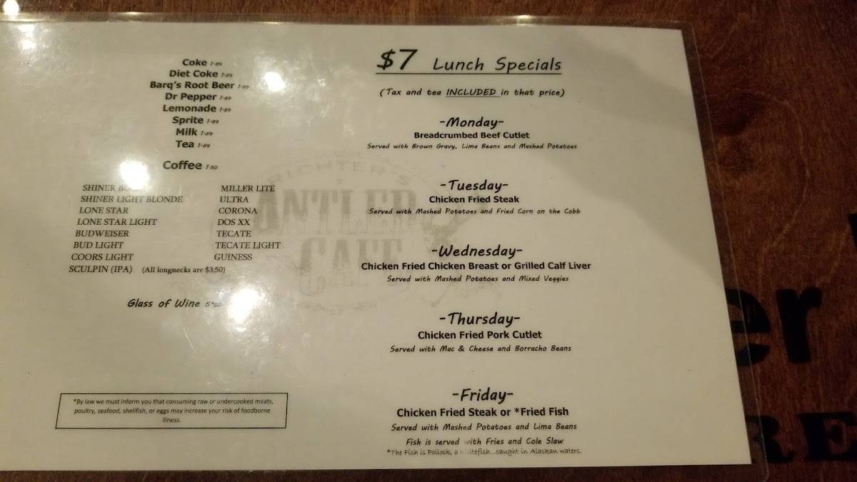 Menu at Richter's Antler Cafe, Spring Branch