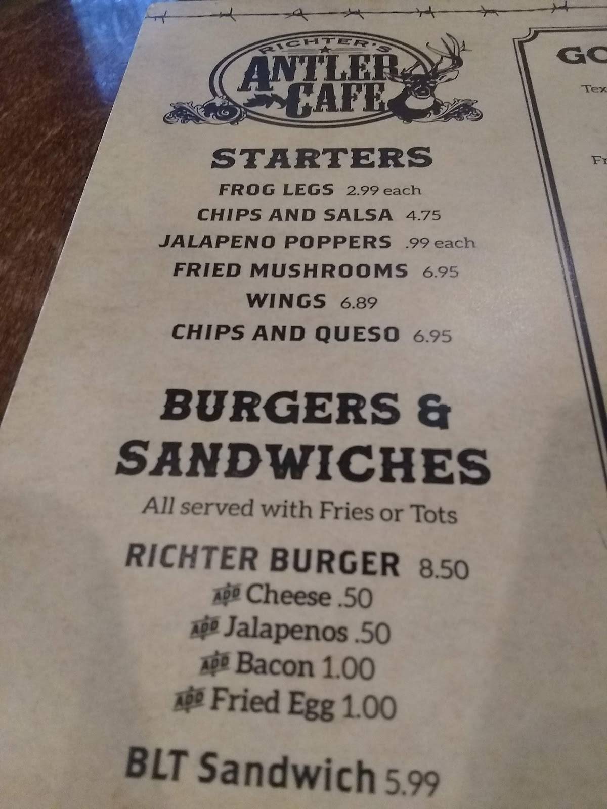 Menu at Richter's Antler Cafe, Spring Branch