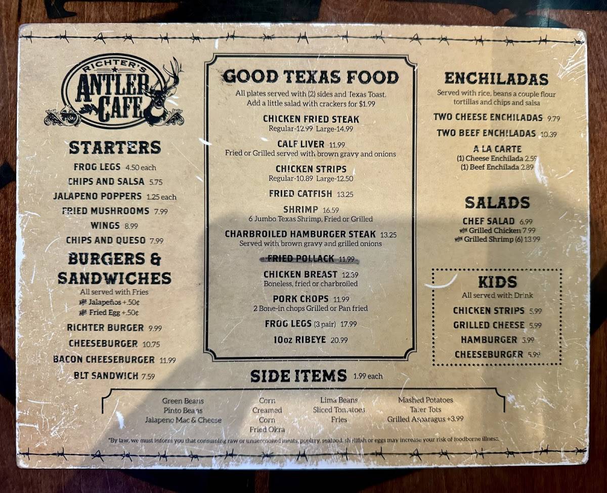 Menu at Richter's Antler Cafe, Spring Branch
