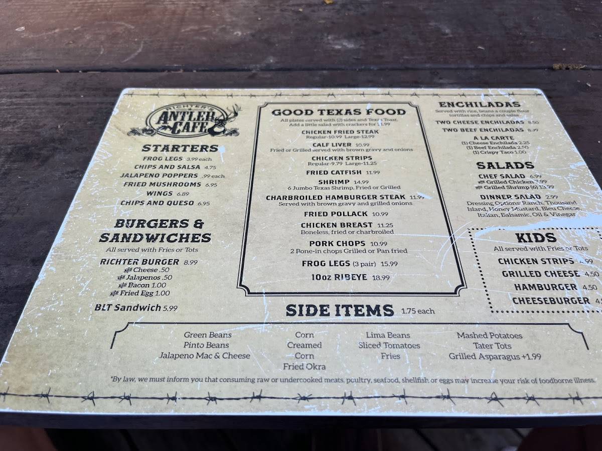 Menu at Richter's Antler Cafe, Spring Branch