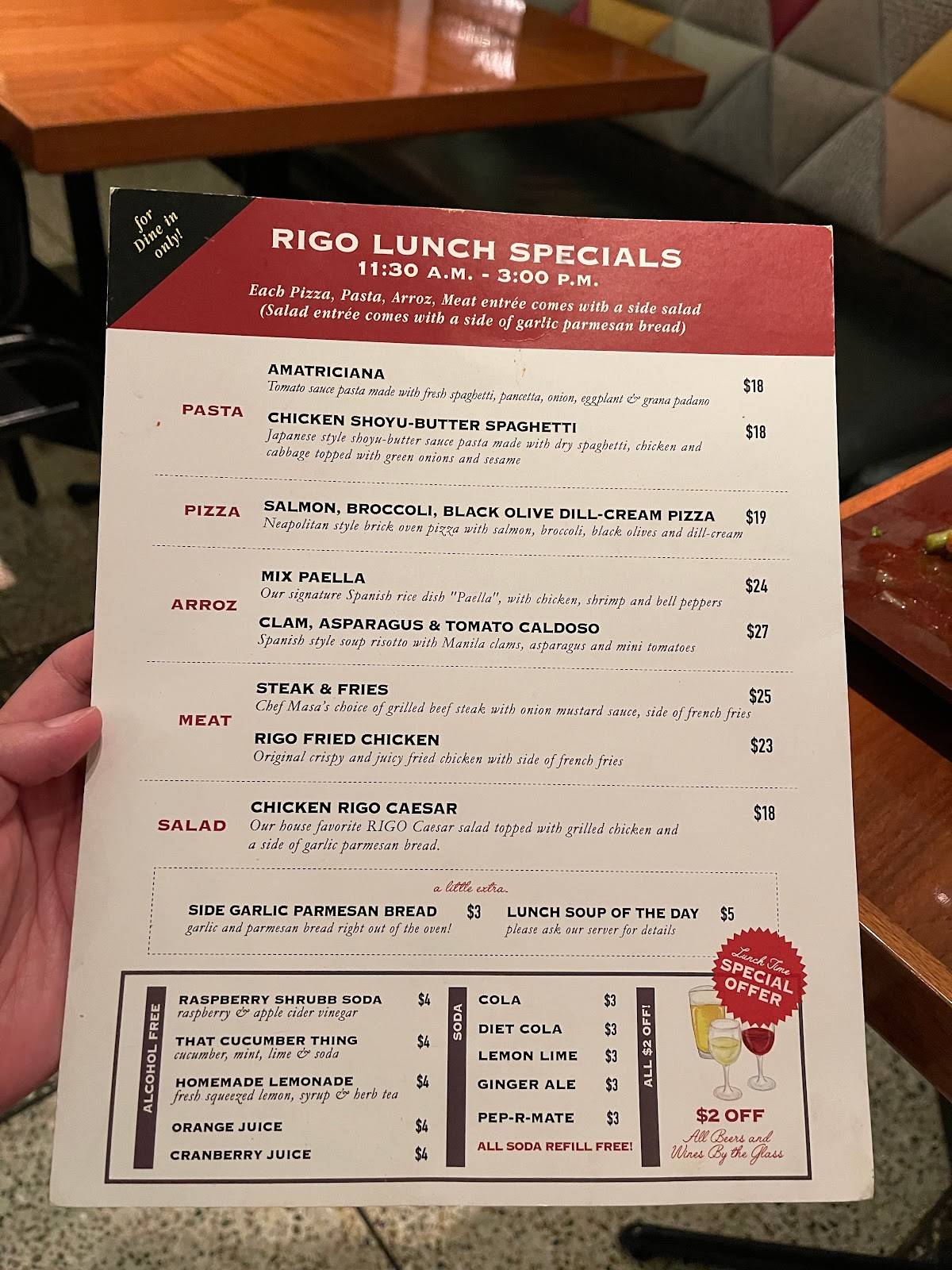 Menu at Rigo Spanish Italian restaurant, Honolulu