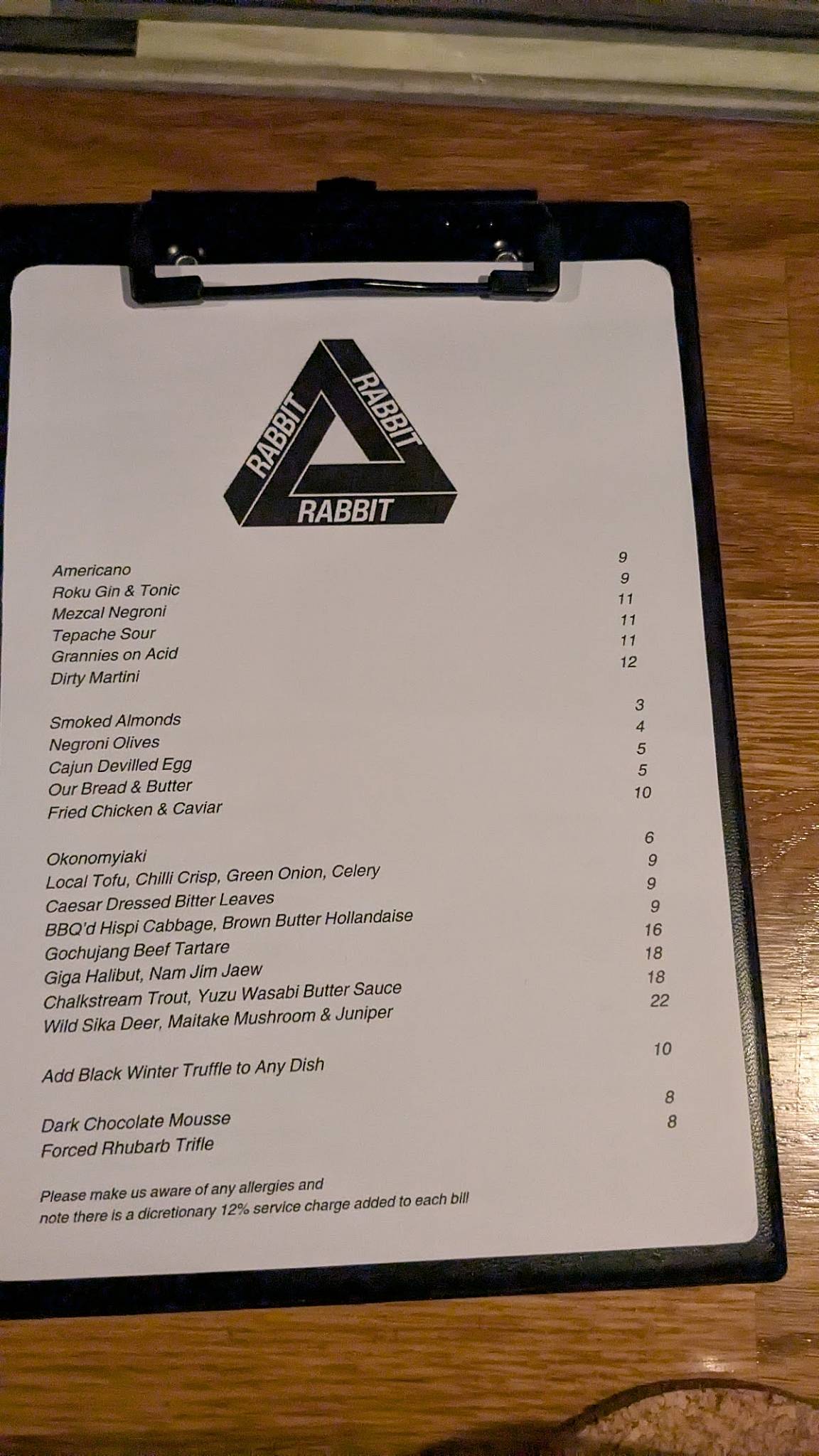 Menu at Riverine Rabbit restaurant, Birmingham