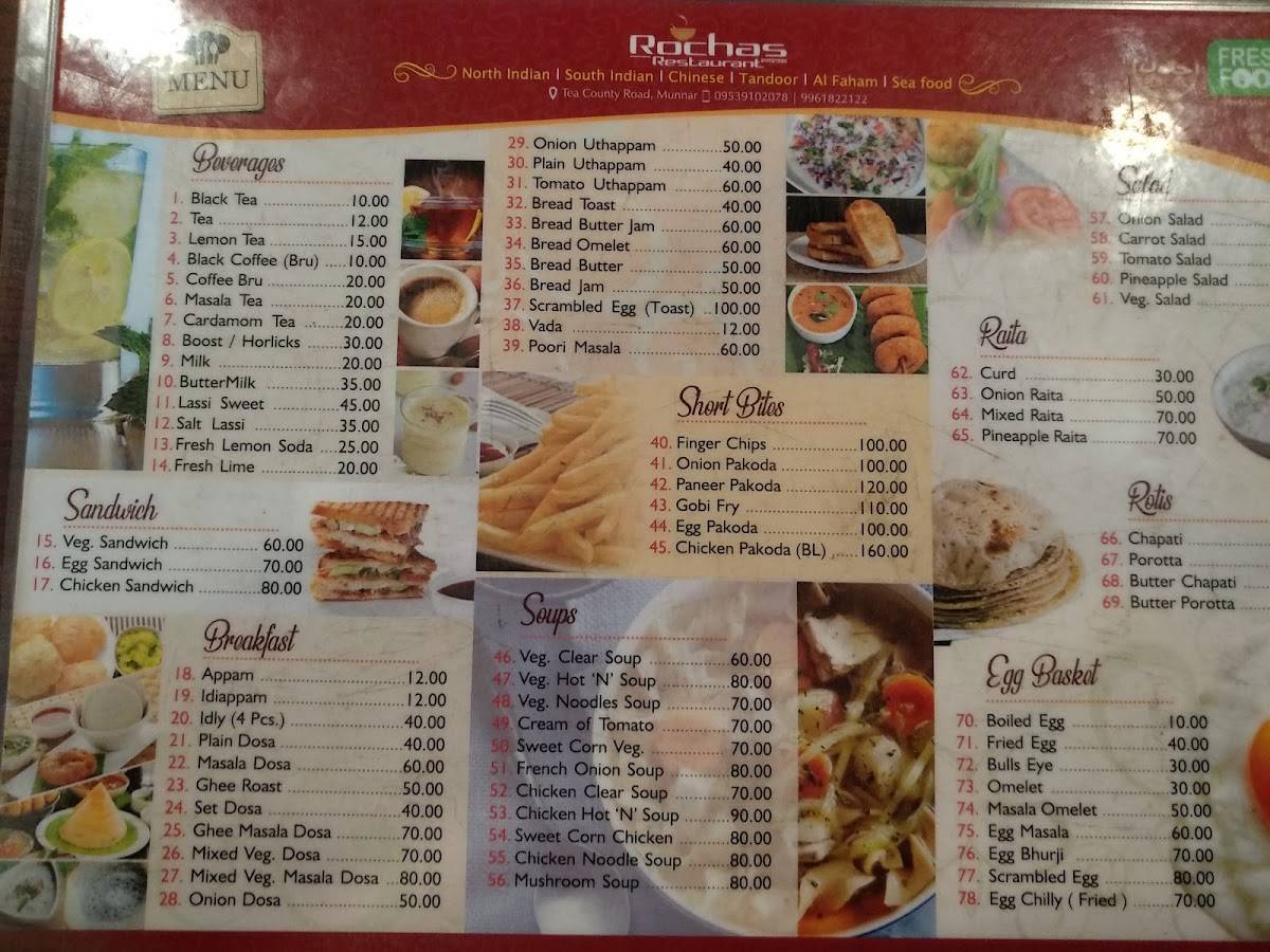Menu at Rochas Restaurant, Munnar