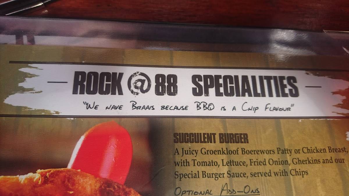 Menu at Rock@88 Lynnwood restaurant, Pretoria