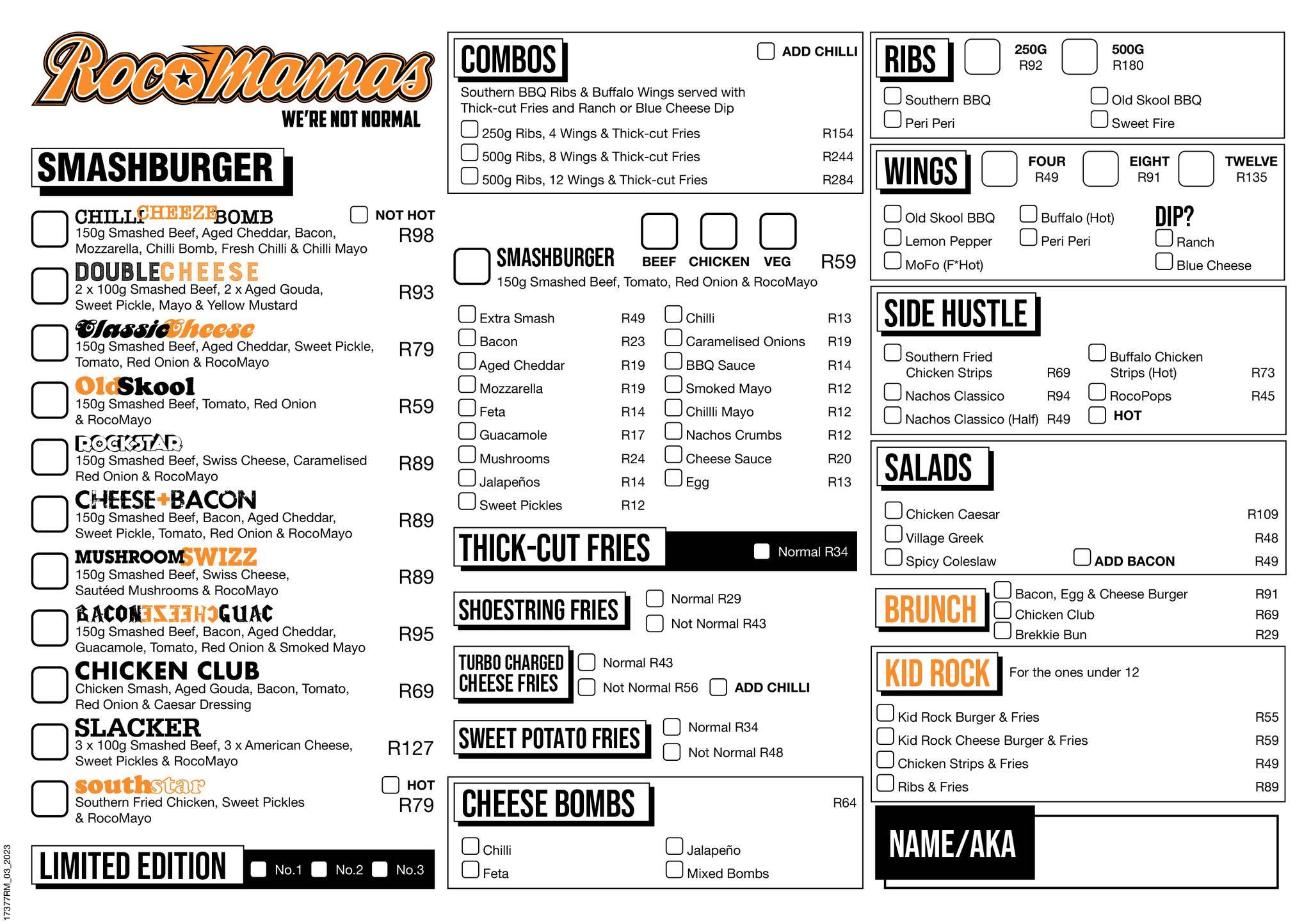 Menu at RocoMamas Kimberley restaurant, Kimberley