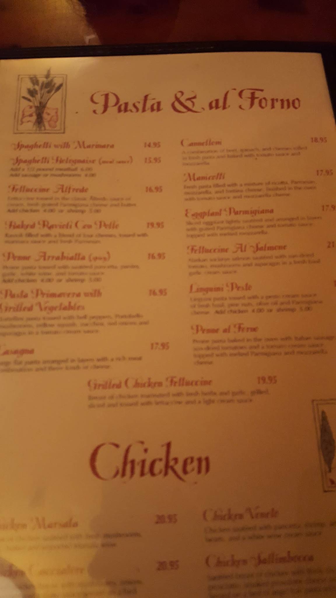 Menu at Romano's restaurant, Anchorage