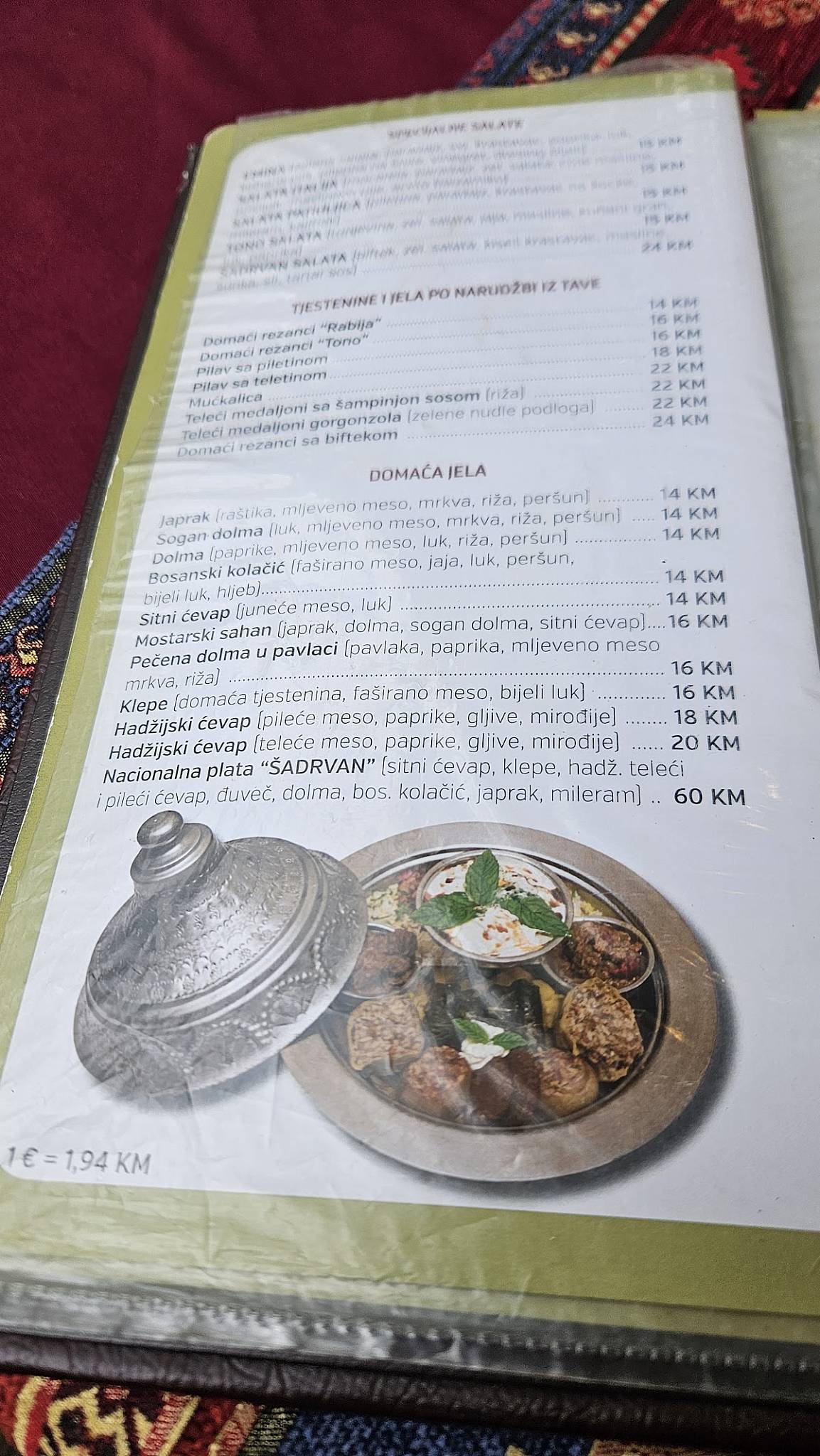 Menu au Restaurant Šadrvan, Mostar