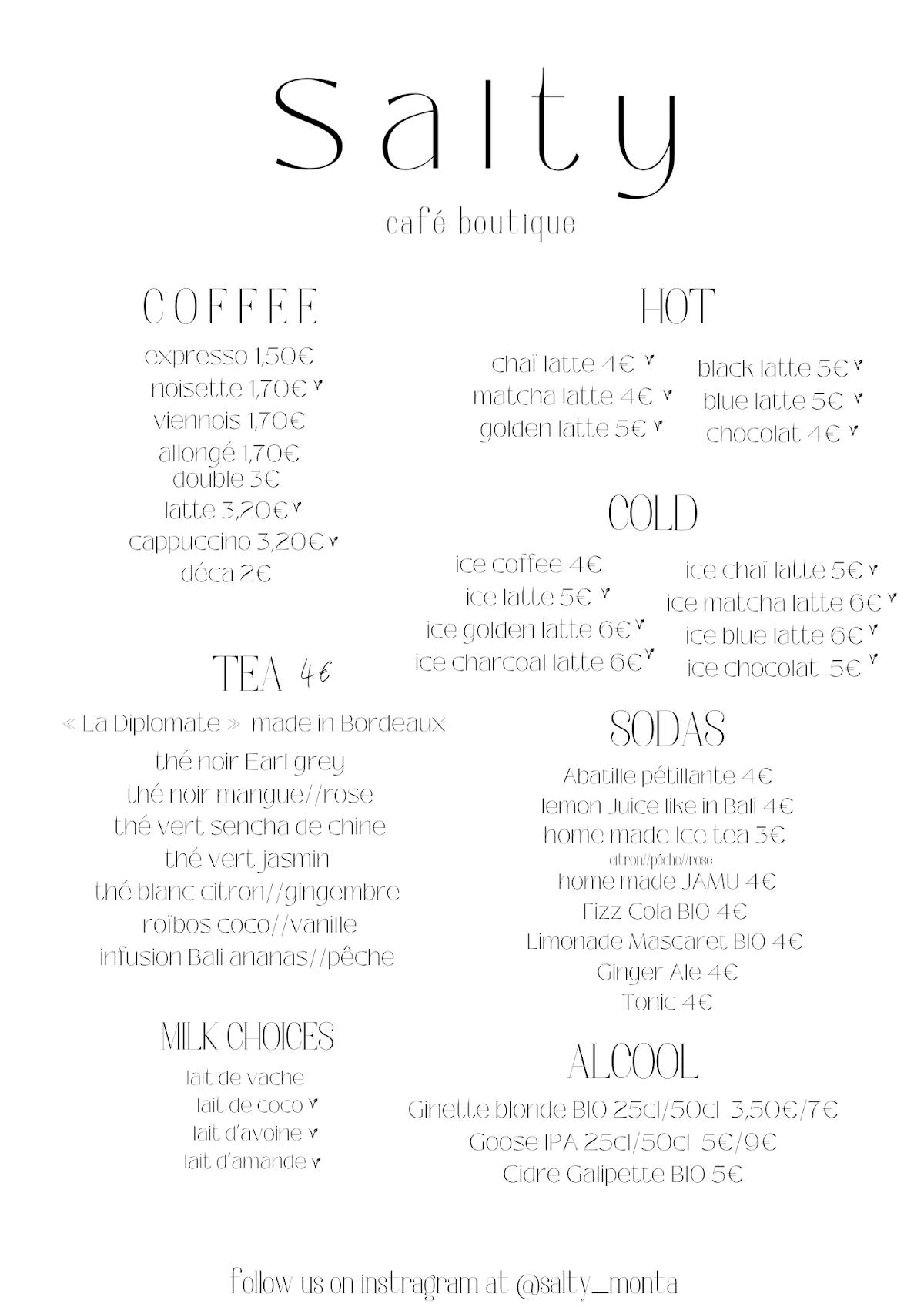 Menu au Salty restaurant, Vendays-Montalivet
