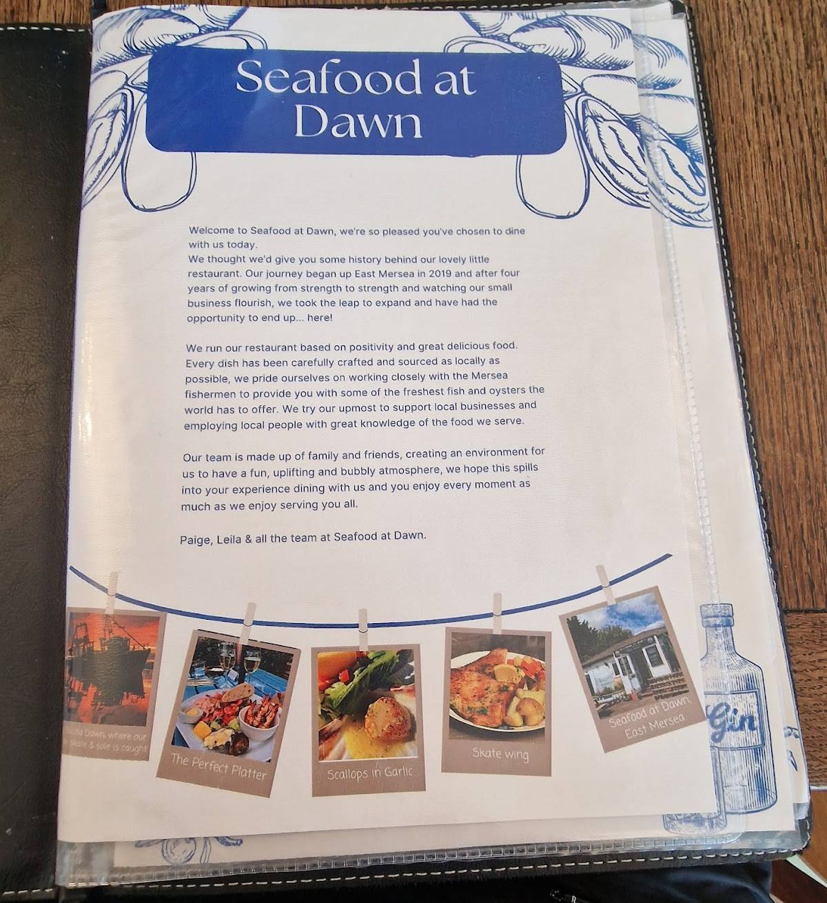 Menu at Seafood at dawn restaurant, West Mersea
