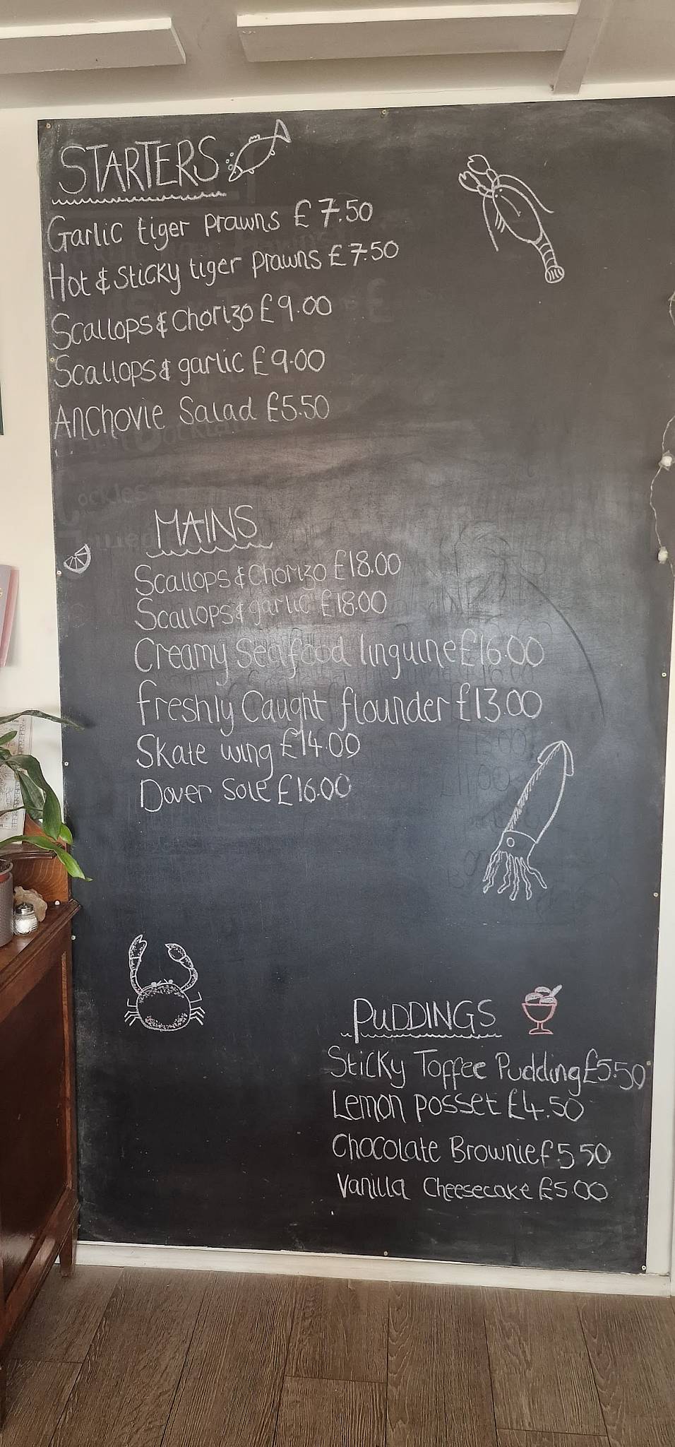 Menu at Seafood at dawn restaurant, West Mersea