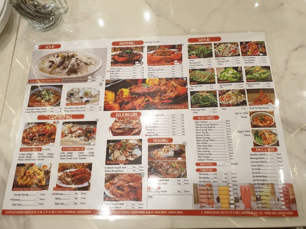 Menu at Sentosa Seafood One Belpark restaurant, South Jakarta