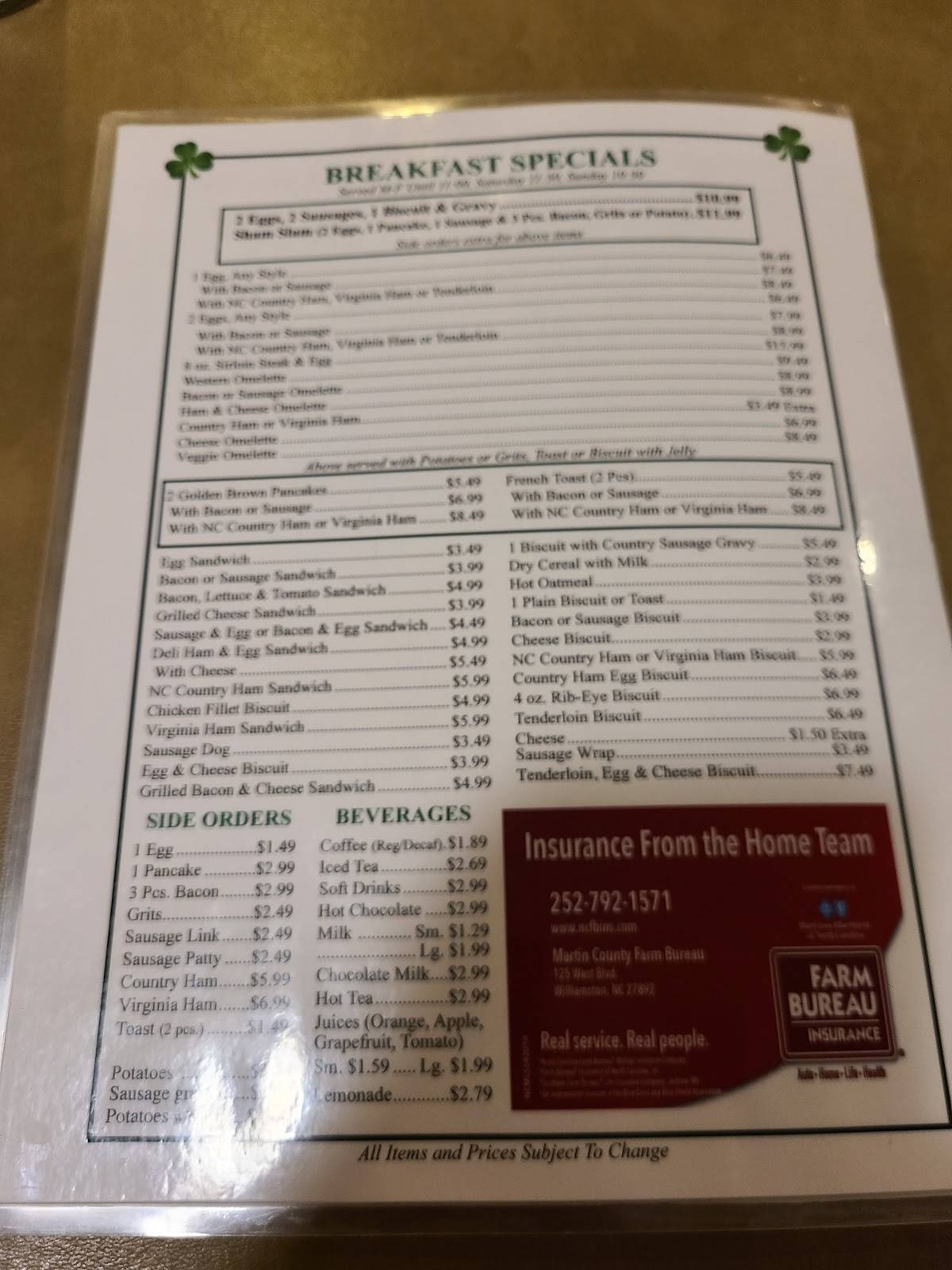 Menu at Shamrock Restaurant, Williamston, 101 West Blvd