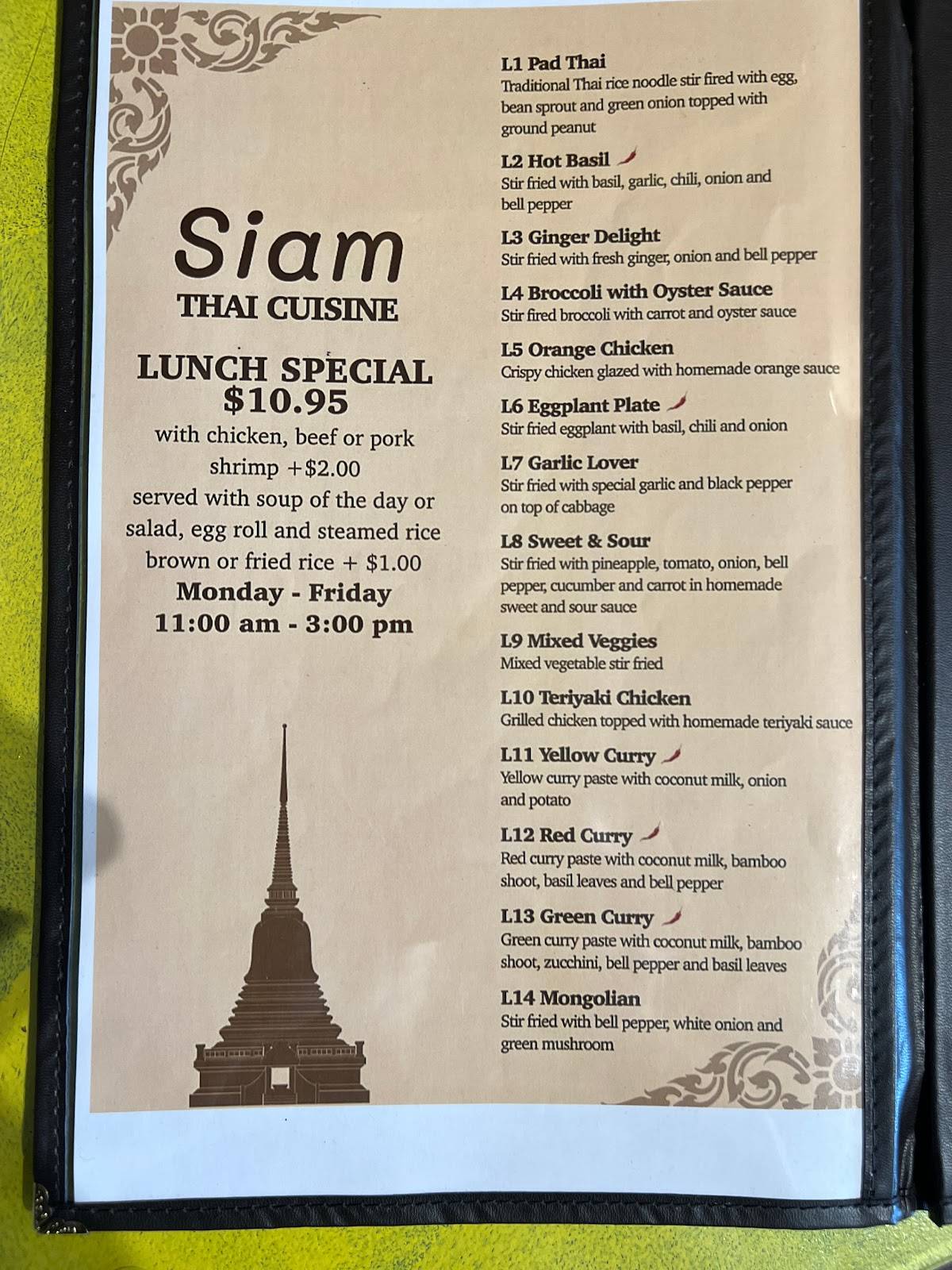 Menu at Siam Thai Cuisine restaurant, Apple Valley