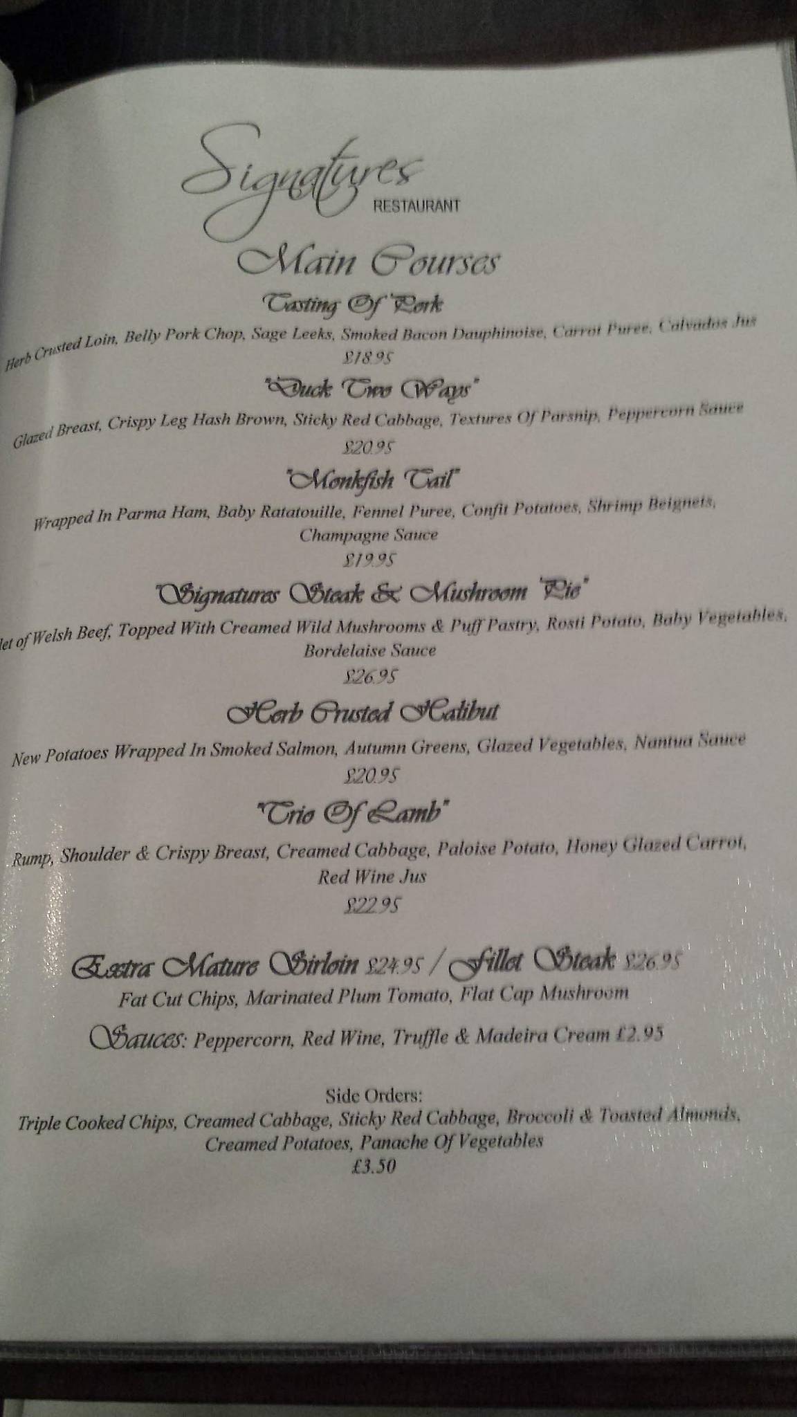 Menu at Signatures Restaurant, Conwy