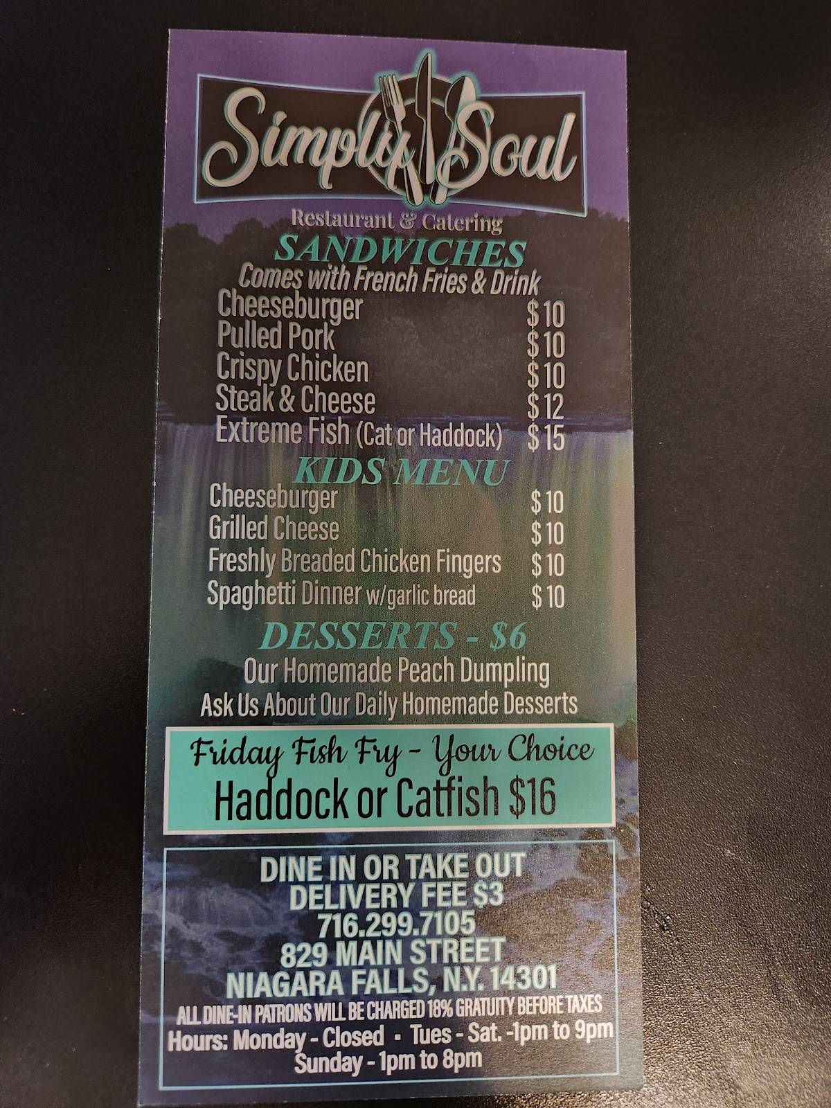 Menu at Simply Soul restaurant, Niagara Falls