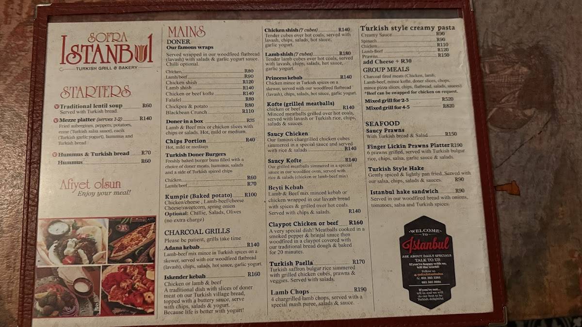 Menu at Sofra Istanbul Florida restaurant, Durban, 245 Florida Rd