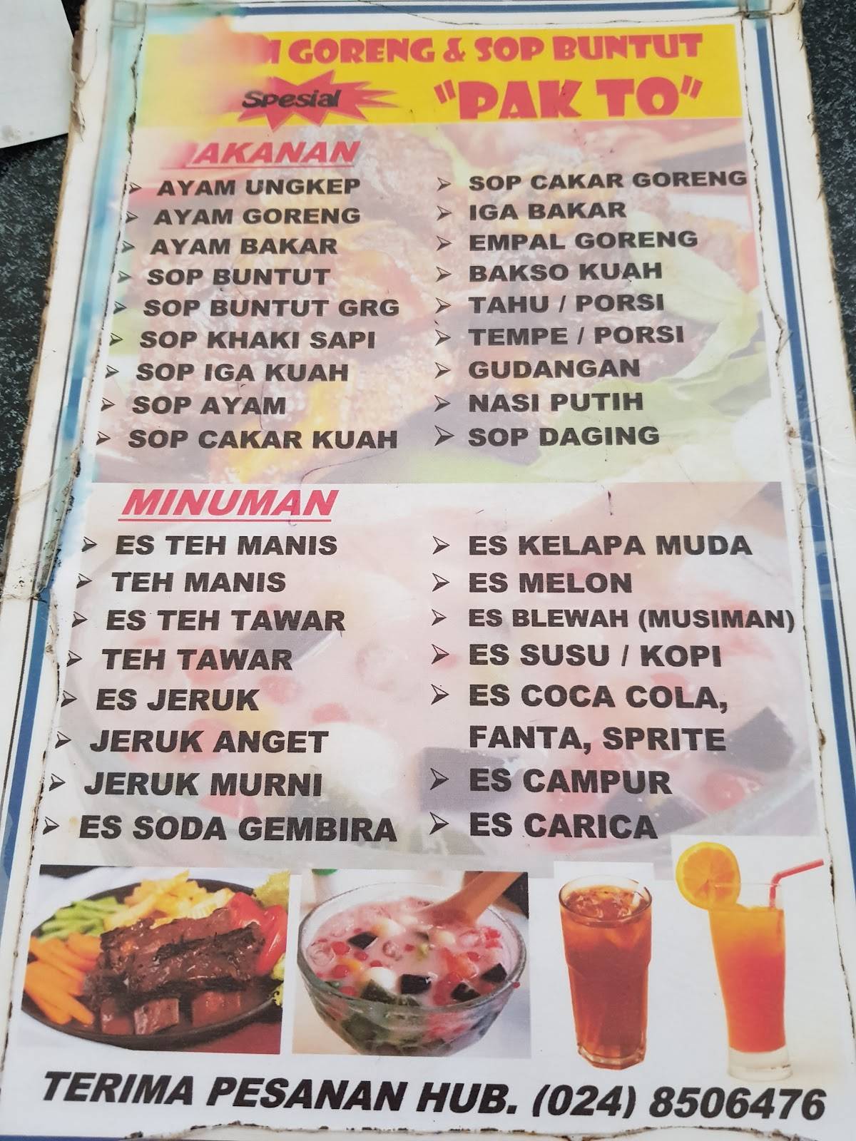 Menu at Sop Buntut, Ayam Goreng & Iga Bakar Pak To restaurant, Semarang
