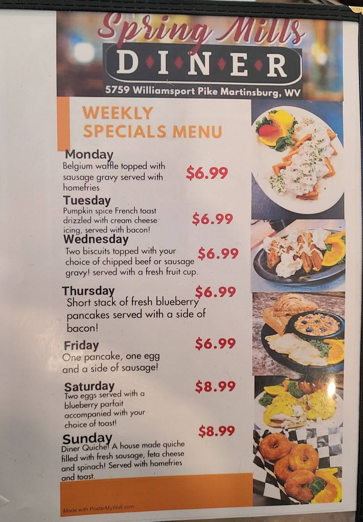 Menu at Spring Mills Diner restaurant, Falling Waters