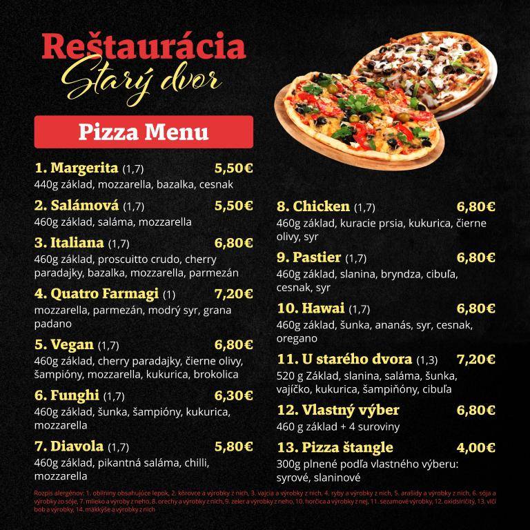 Menu at Starý Dvor Pizza Reštaurácia restaurant, Spišské Podhradie