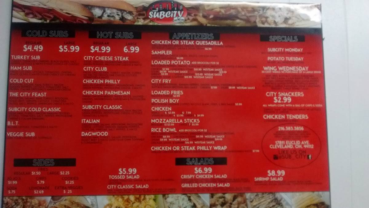 Menu at Sub City restaurant, Cleveland, Euclid Ave