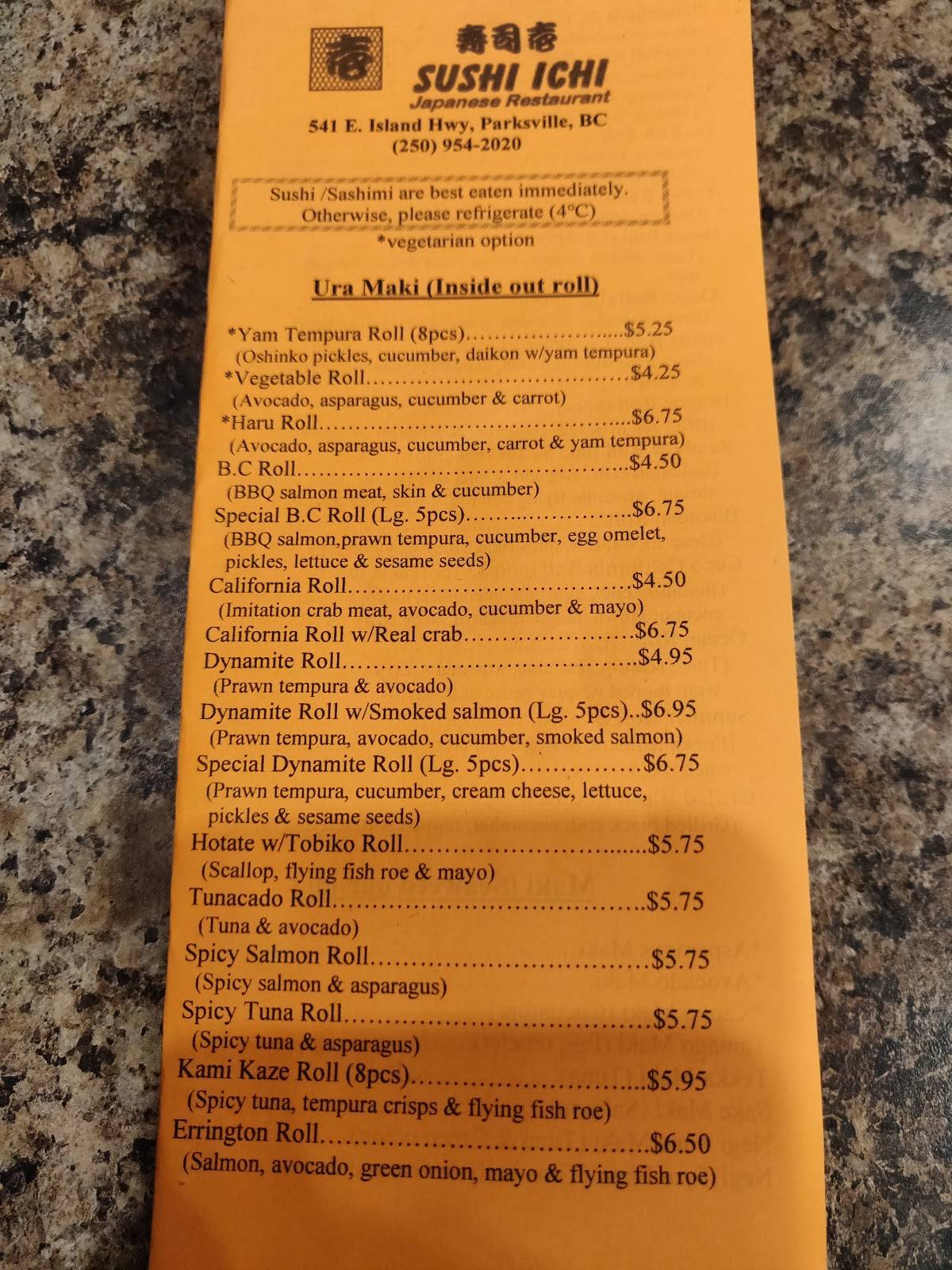 Menu at Sushi Ichi restaurant, Parksville
