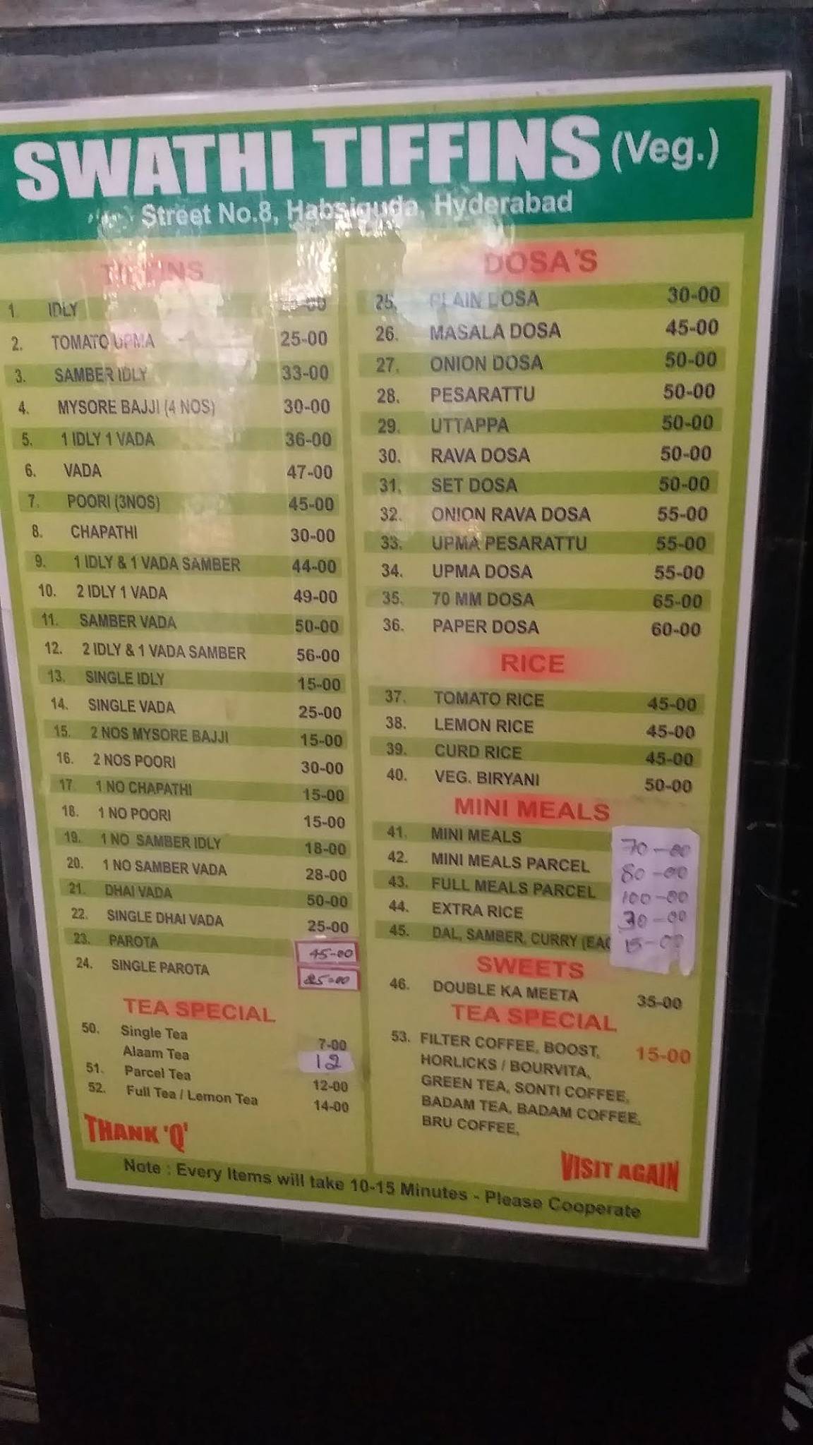 Menu at Swathi Tiffins, Hyderabad, 7