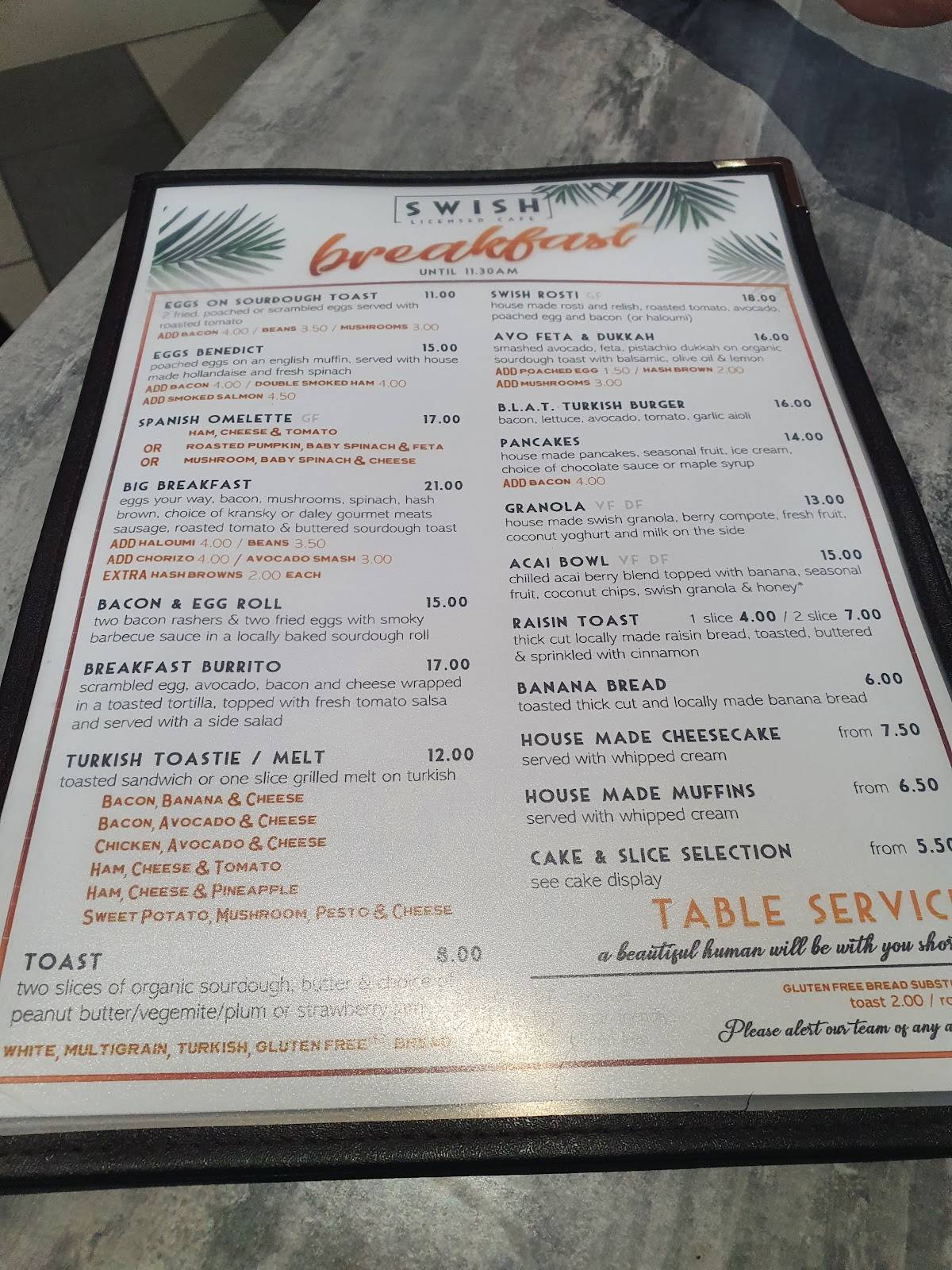 Menu at Swish Cafe, Ballina, 147 River St