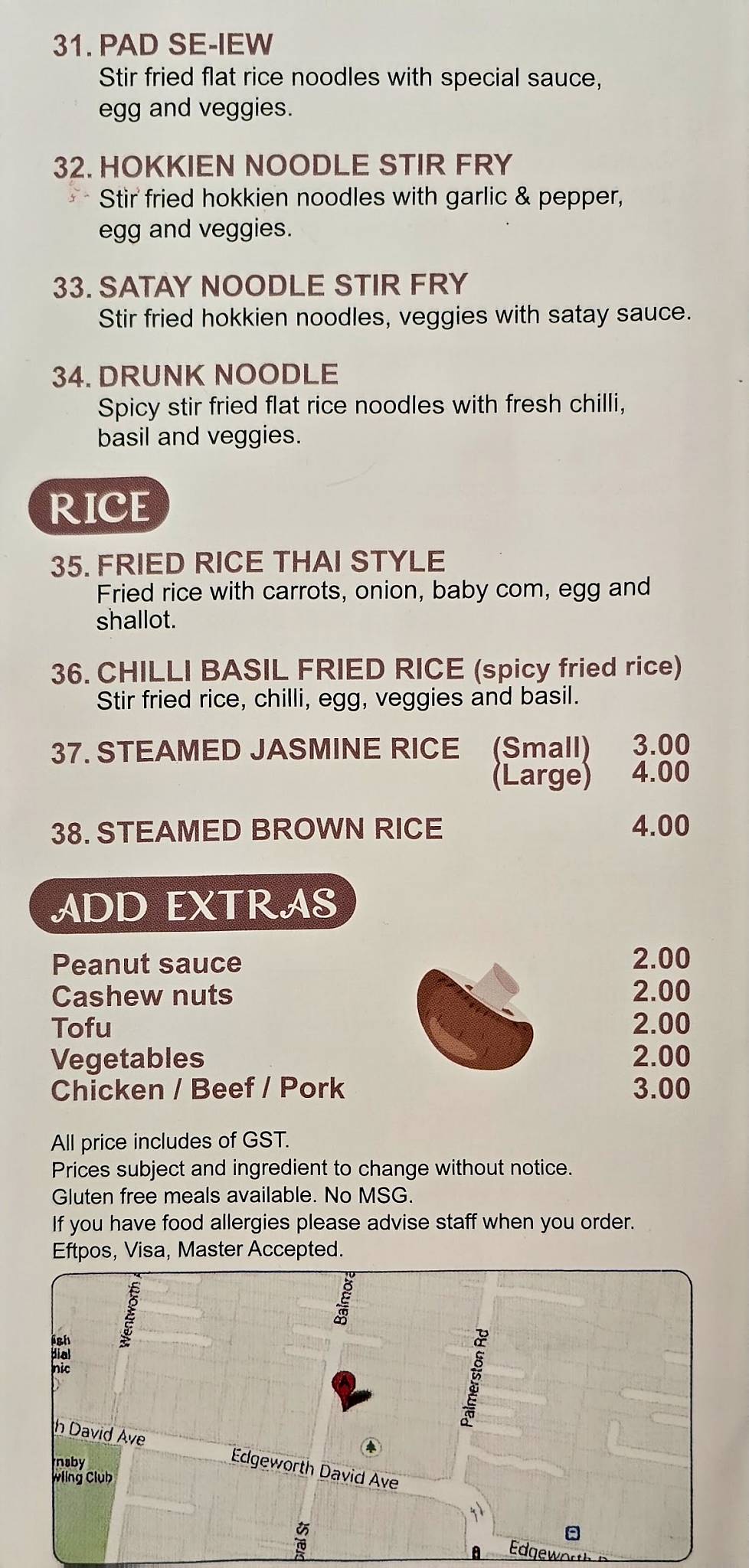 Menu at Ta Wan Thai restaurant, Waitara