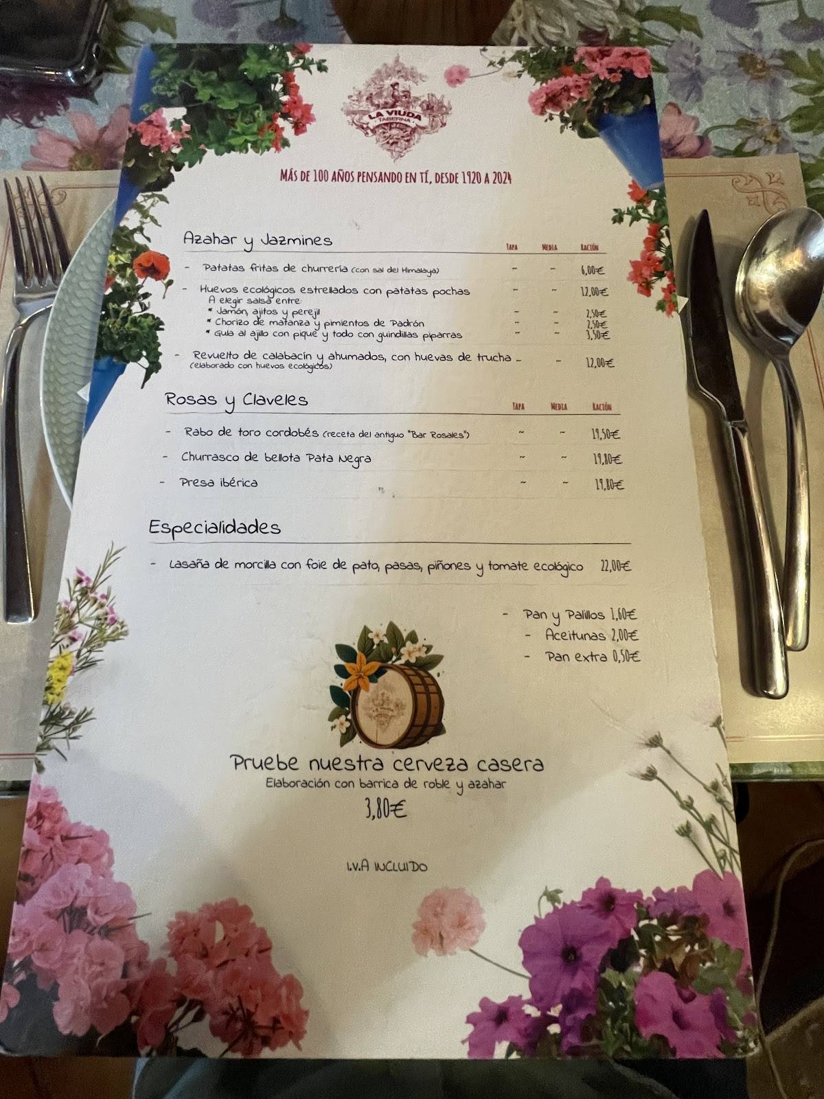Carta de Restaurante Taberna La Viuda, Córdoba