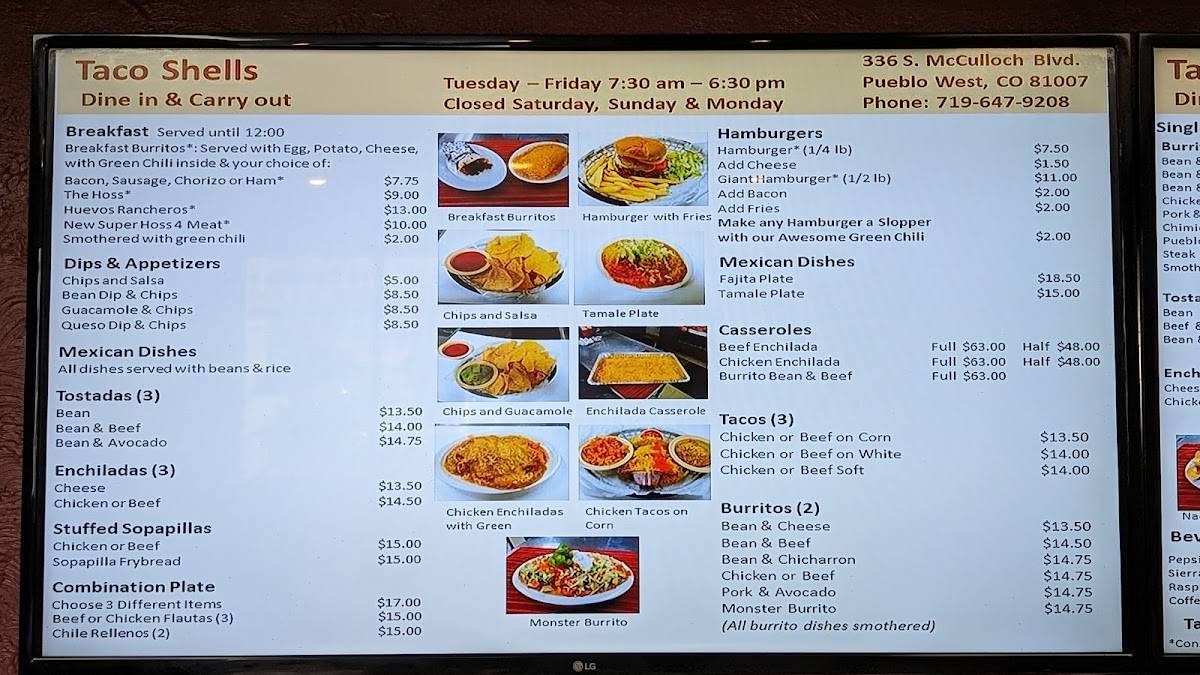 Menu at Taco Shells restaurant, Pueblo West, 336 S McCulloch Blvd