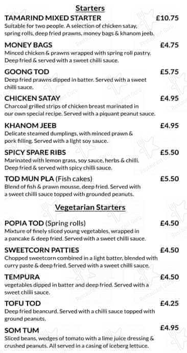 Menu at Tamarind Thai Cafe, Rickmansworth