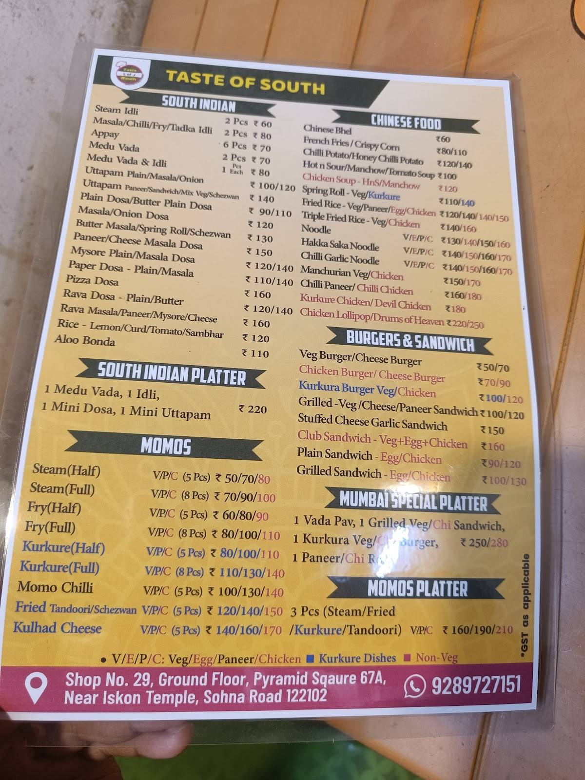 Menu at Taste of South, Gurugram