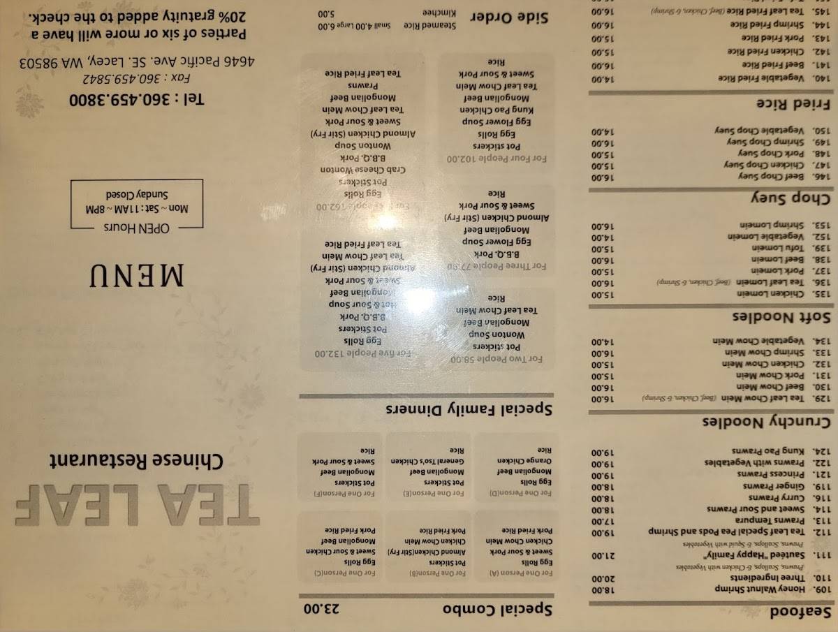 Menu at Tea Leaf 2 restaurant, Lacey