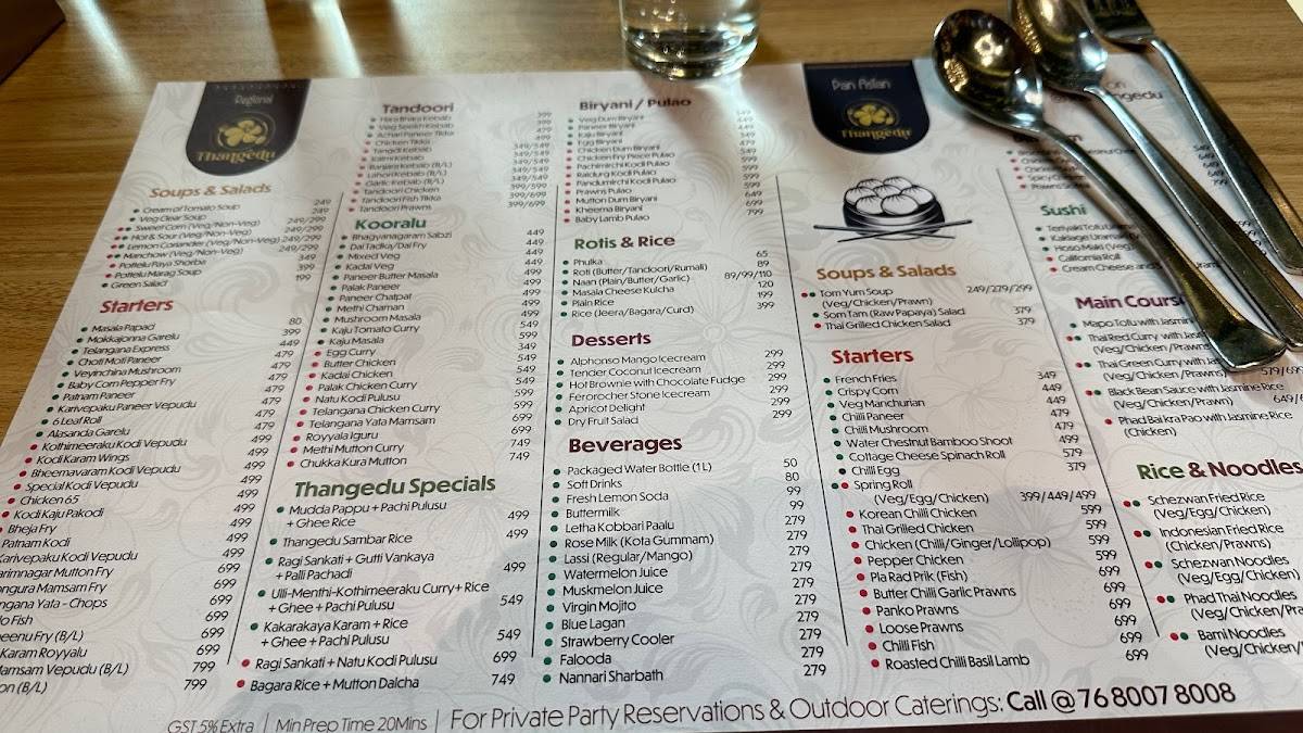 Menu at Thangedu, Rai Durg
