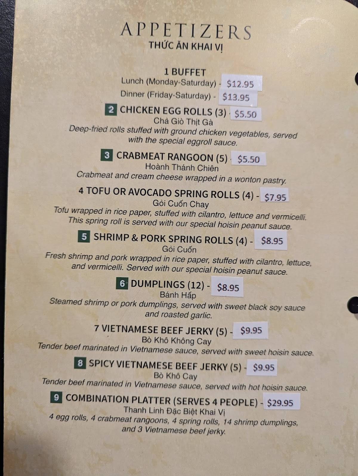 Menu at Thanh Linh Vietnamese Restaurant, Peoria