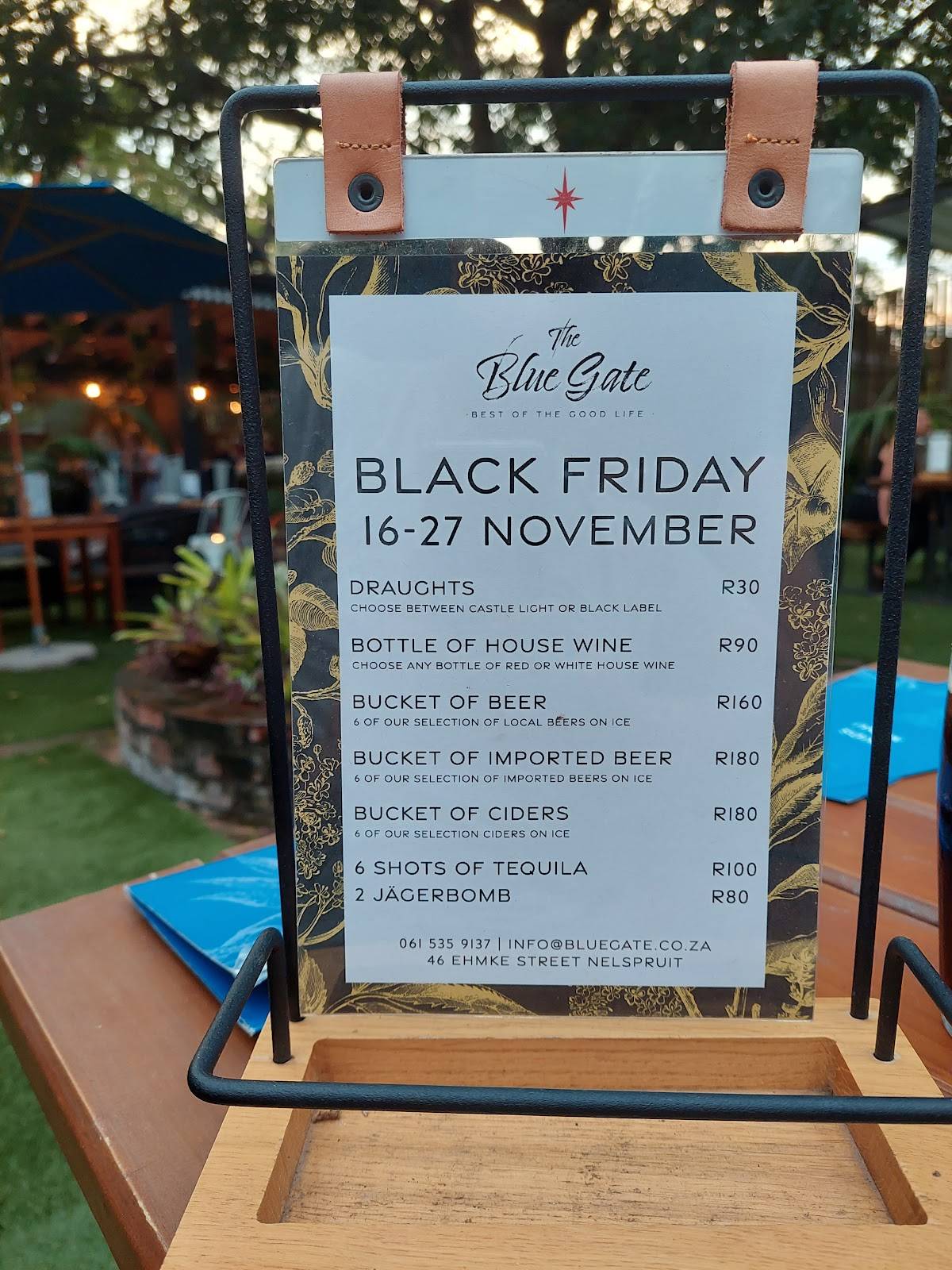 Menu at The Blue Gate restaurant, Nelspruit