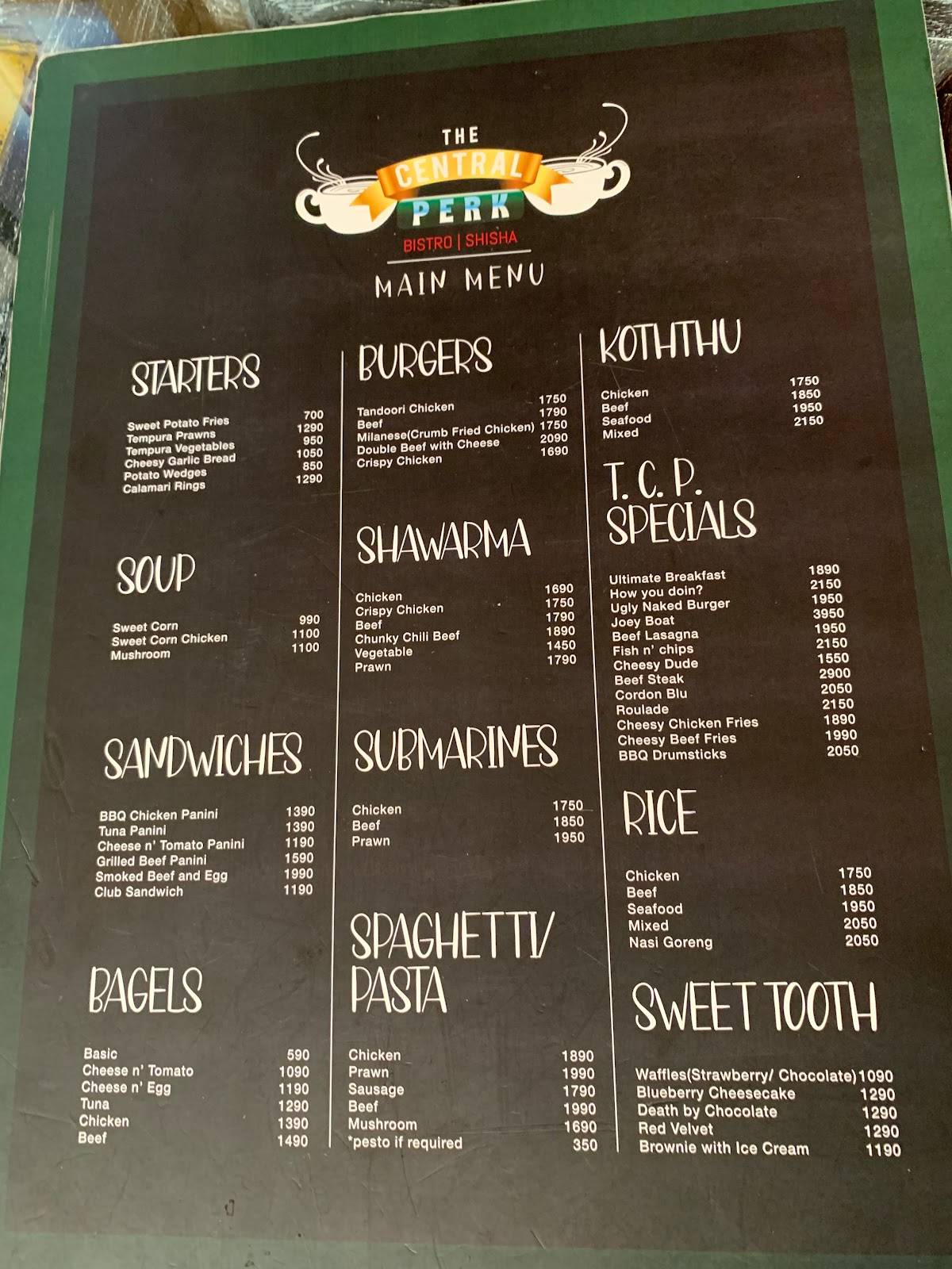 Menu at The Central Perk restaurant, Colombo