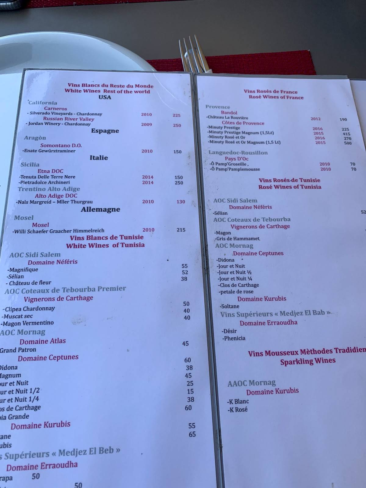 Menu au The Cliff restaurant, Marsa, R. Sidi Dhrif