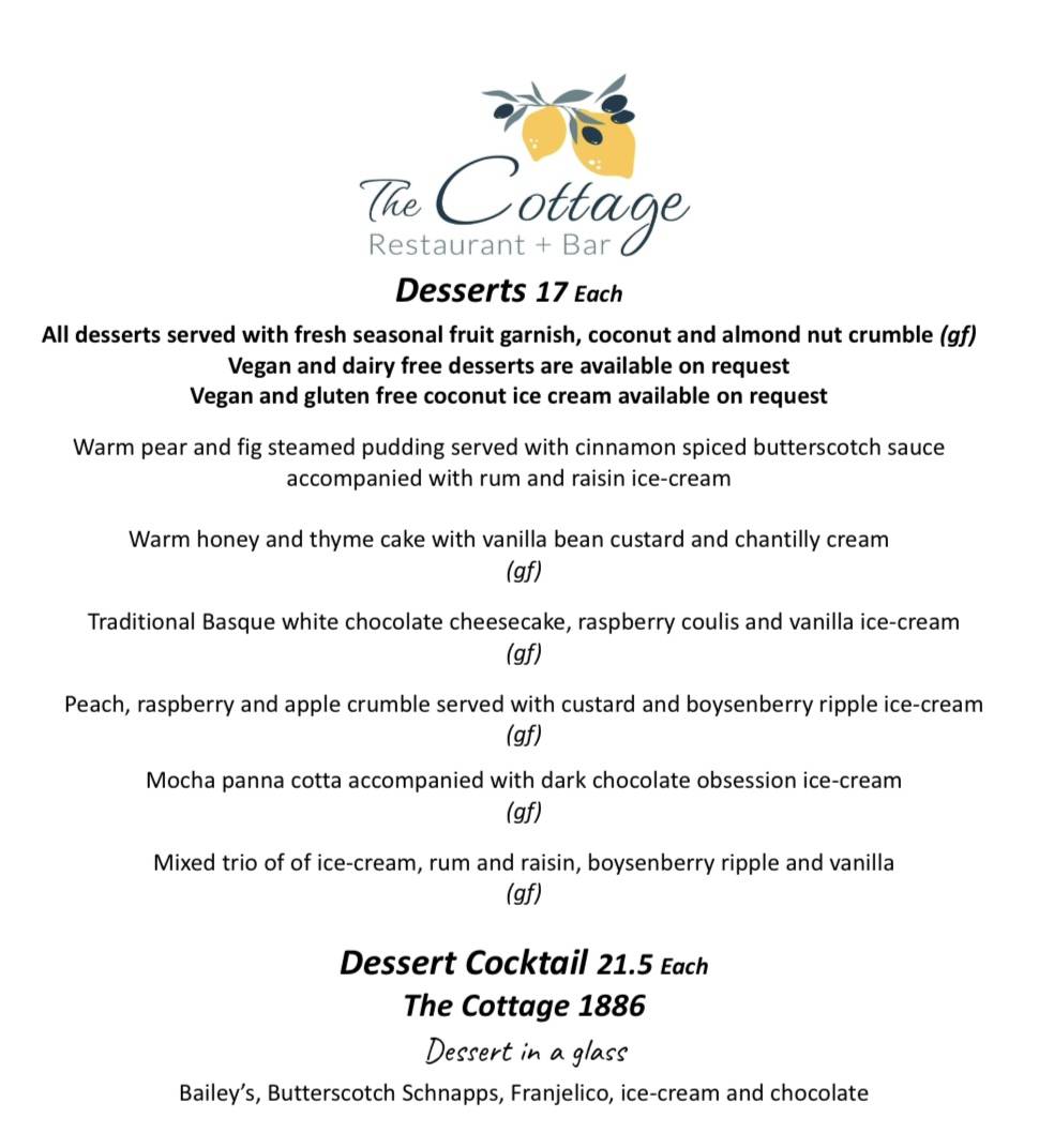 Menu at The Cottage Restaurant and Bar, Armidale