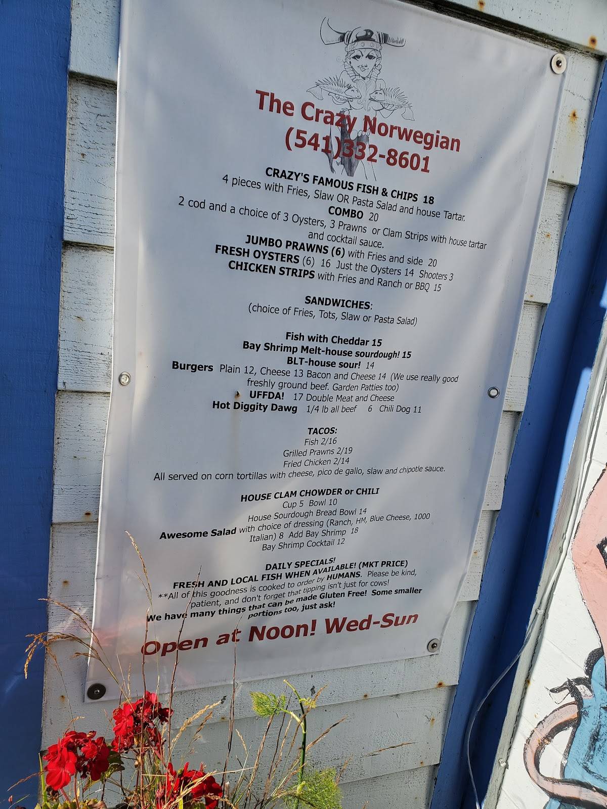 Menu at The Crazy Norwegian's Fish & Chips restaurant, Port Orford