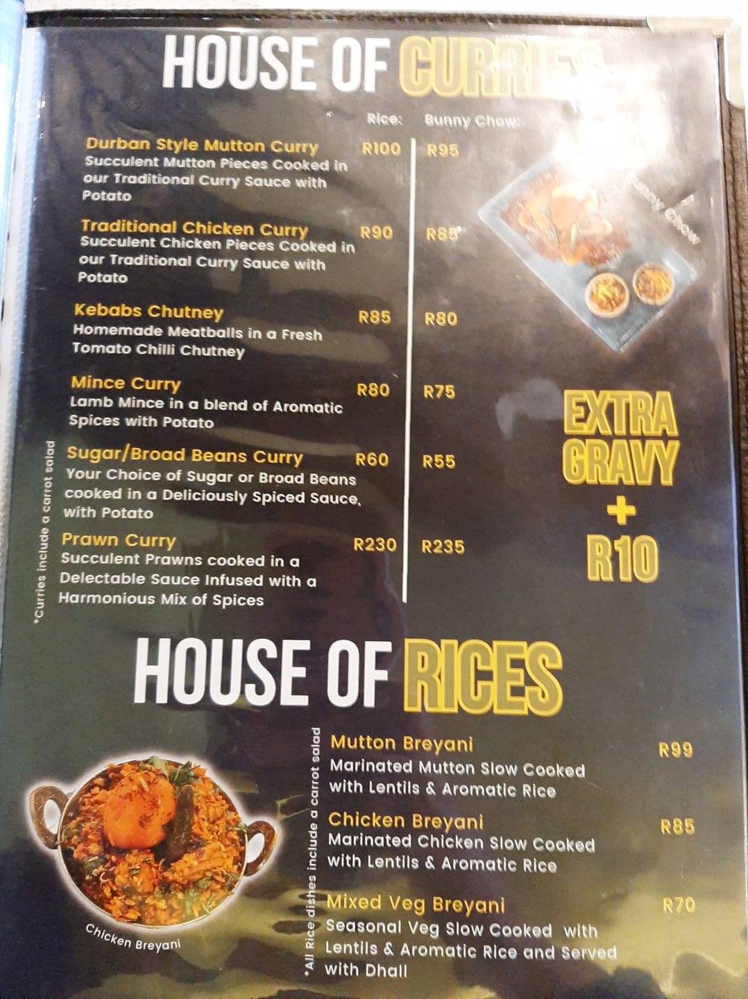 Menu at The Curry House restaurant, Durban